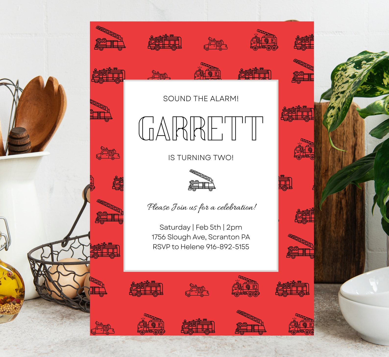 Fire Engine Birthday Party Invitation, Simple and Modern Firetruck ...