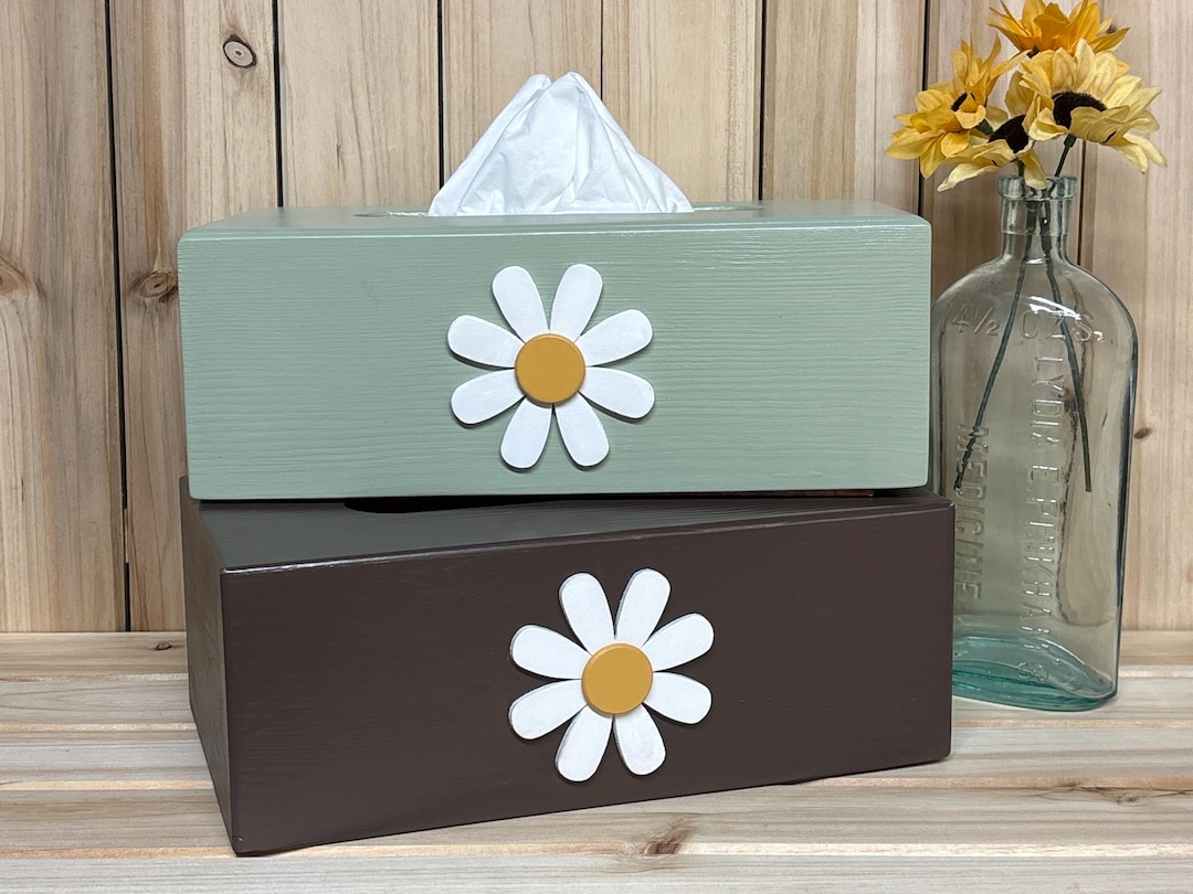 Daisy Wood Tissue Box Cover Rectangular Chalk Painted Spring Cheery ...