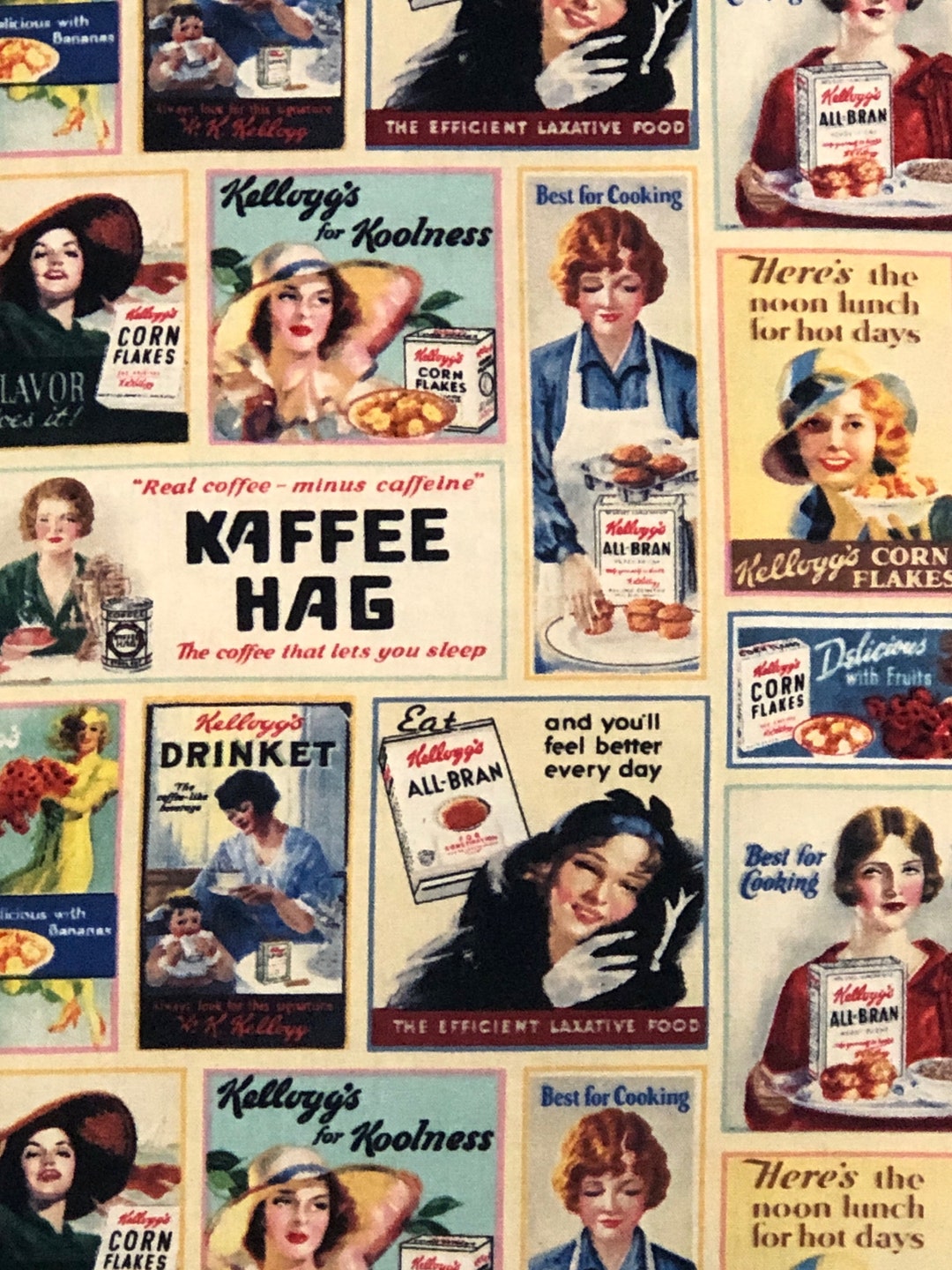 Kellogg’s Vintage Ladies Ads Patch Print Hand-tea Dyed Cotton Fabric ...