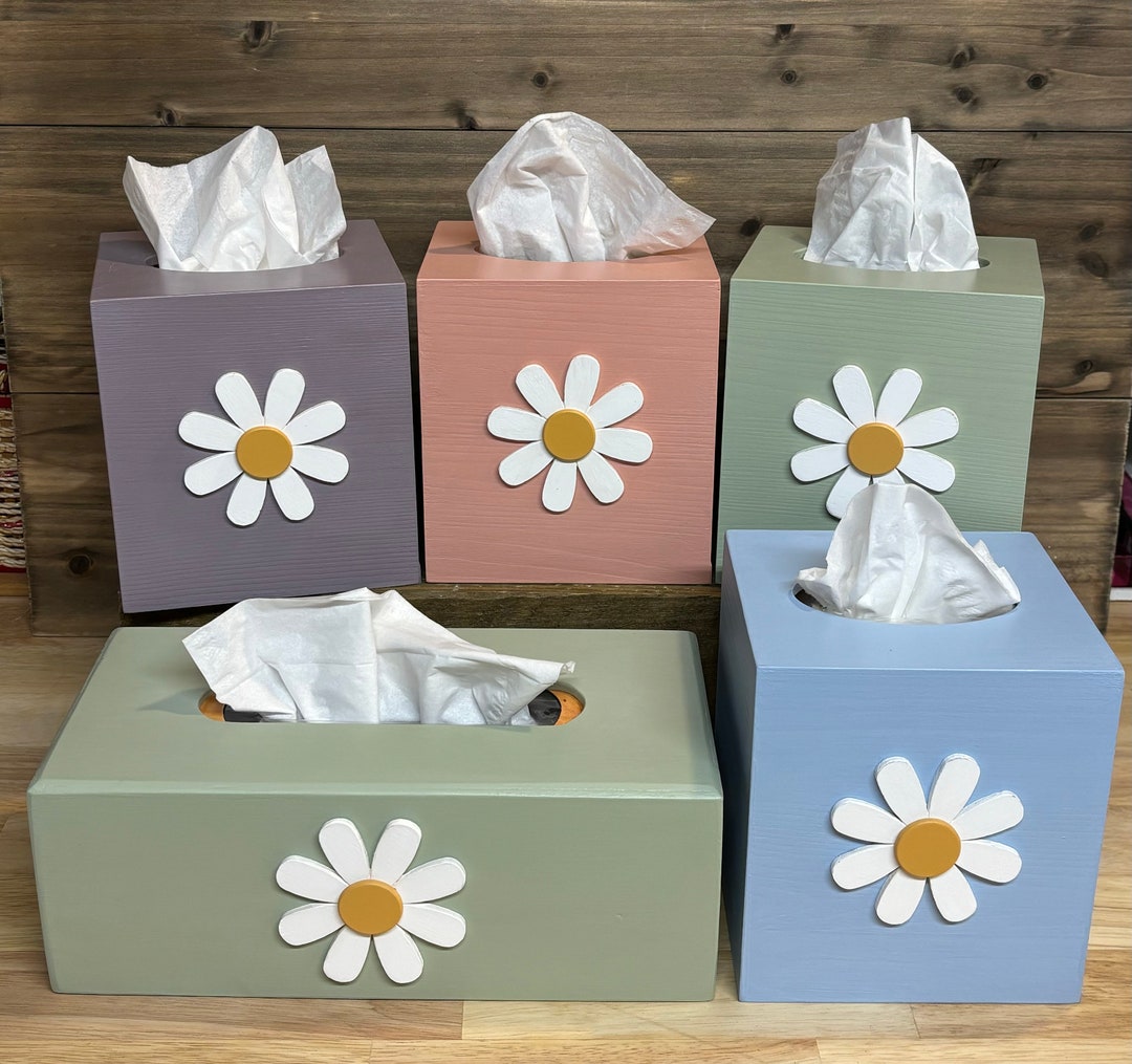 Daisy Tissue Box Cover Wood Pastel Chalk Painted Spring Cheery Powder ...