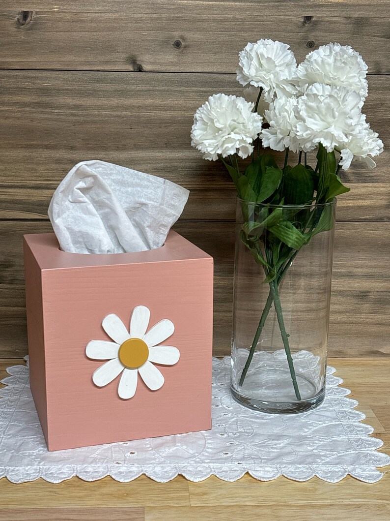 Daisy Tissue Box Cover Wood Pastel Chalk Painted Spring Cheery Powder ...