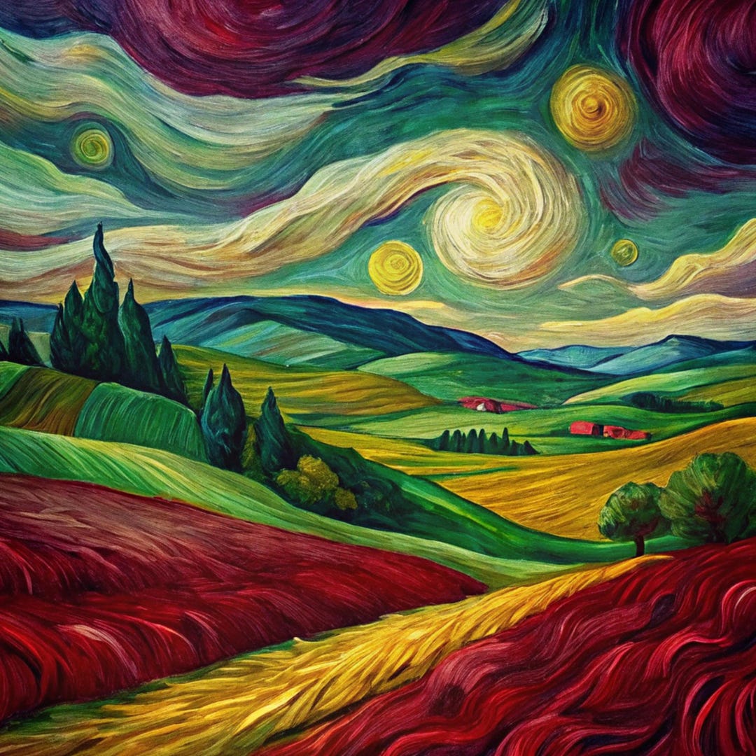 Van Gogh Style Colorful Hills Art Fabric Panel, 31“ × 31“ Panel, 100% ...