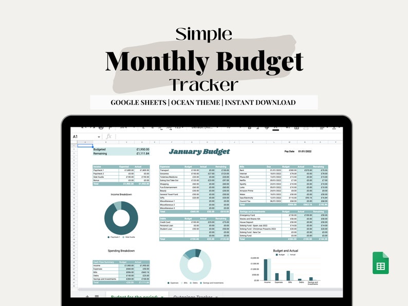 Monthly Budget Spreadsheet OCEAN, by Paycheck Budget Tracker, Simple ...