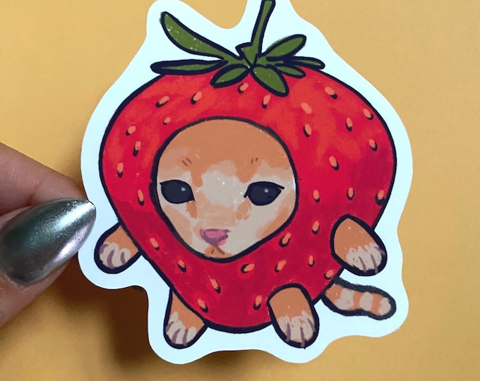 Strawberry Cat Vinyl Sticker - Waterproof Kawaii Vinyl Sticker - Animal ...