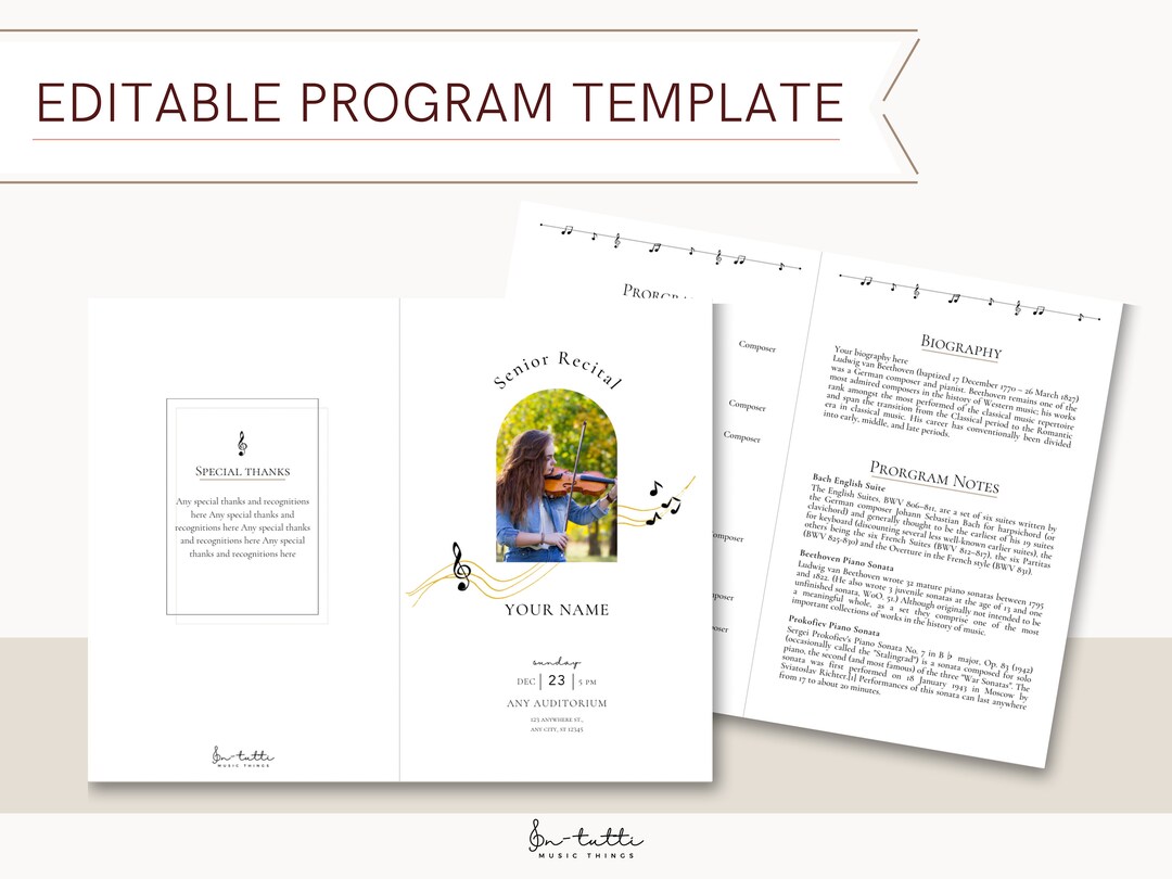 LETTER SIZE Editable Music Program Template Piano Violin Instrument ...