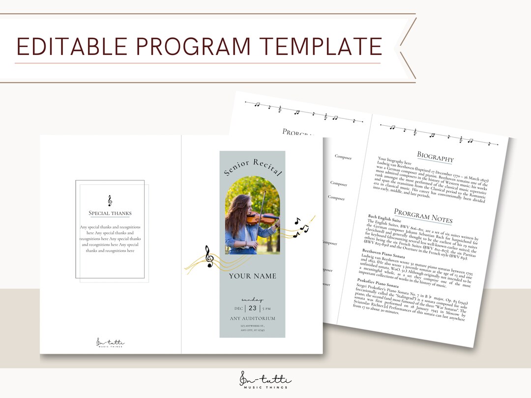 LETTER SIZE Editable Music Program Template Piano Violin Instrument ...