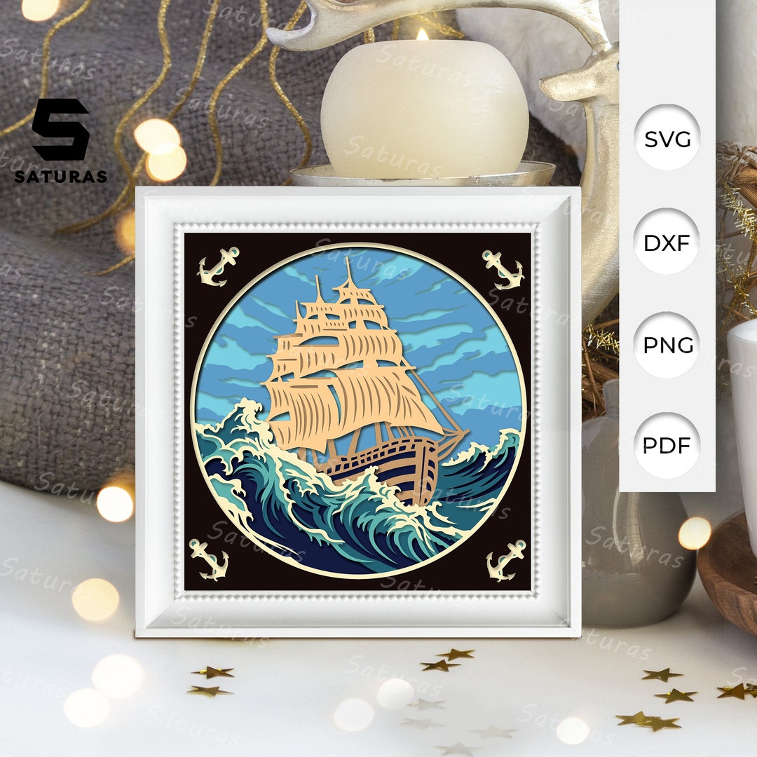 Sailing Ship Paper Cut Light Box Template, Sillhouette, 3D Papercut ...