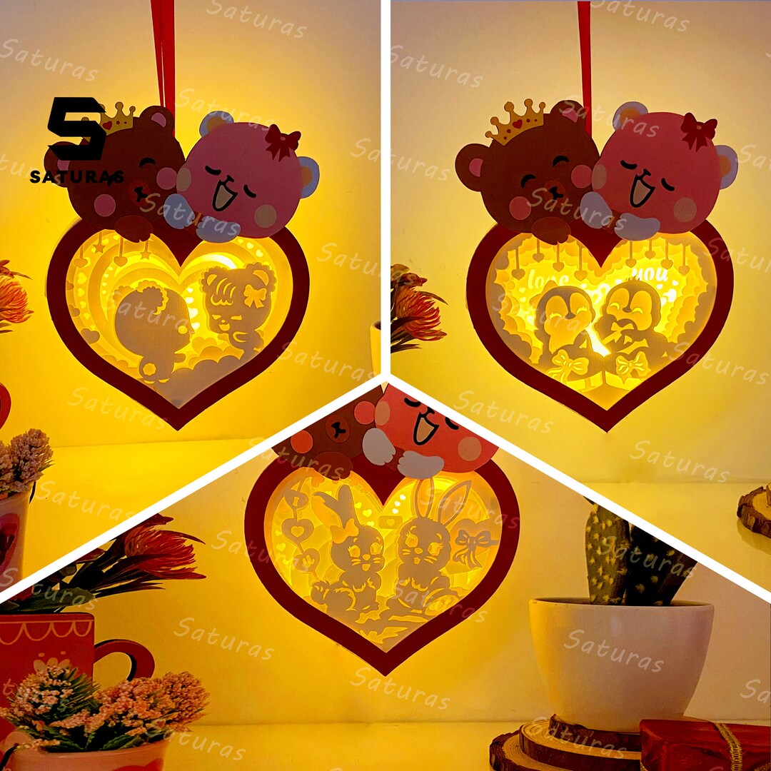 Pack 3 Lantern Heart Bear Paper Cut Light Box Template, Sillhouette, 3D ...