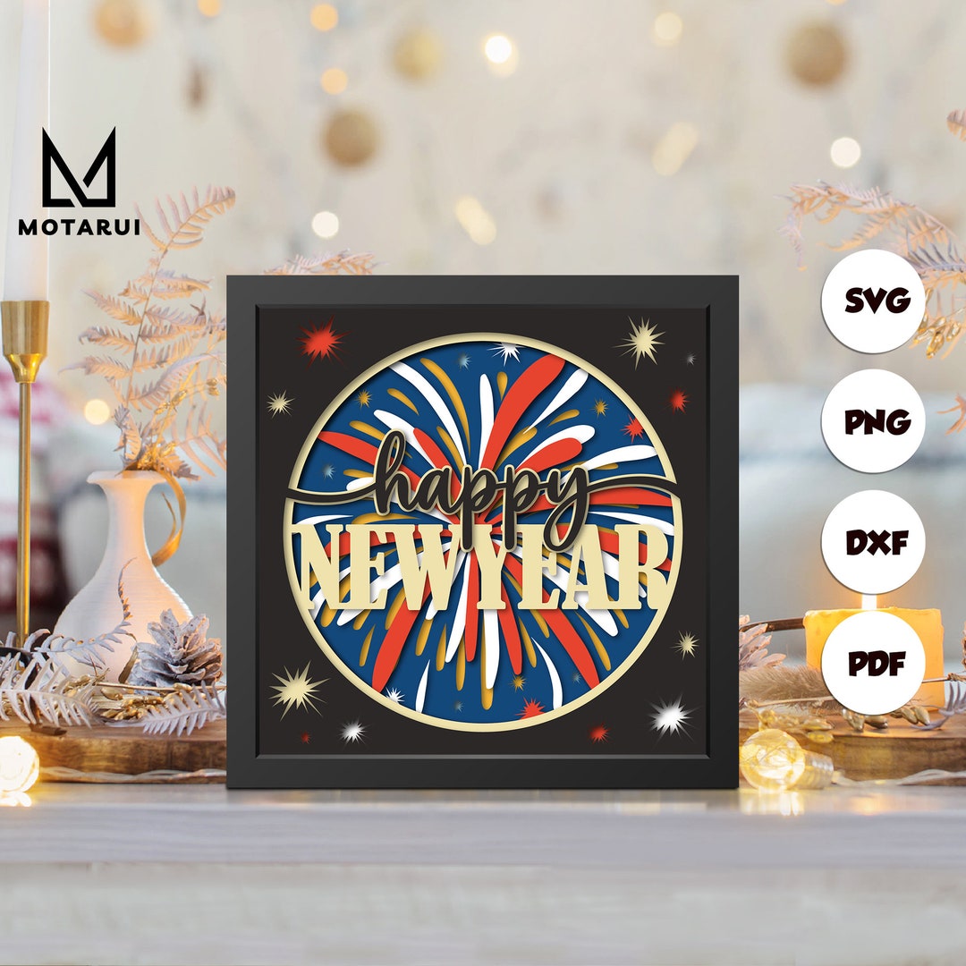Happy New Year Firework Shadow Box Svg, New Year Paper Cut Light Box ...