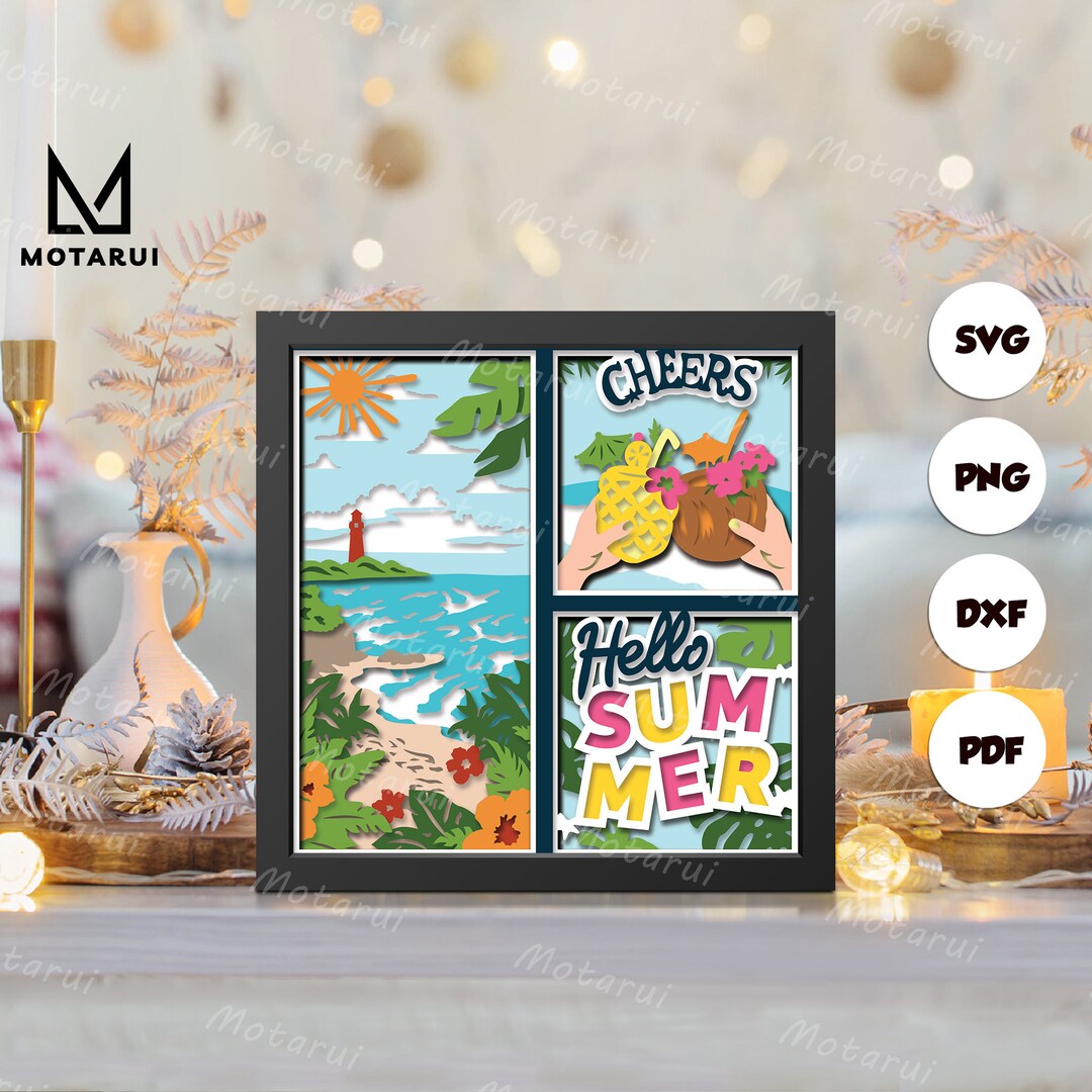 Hello Summer 3 Shadow Box Svg, Hello Summer Paper Cut Light Box, Cricut ...