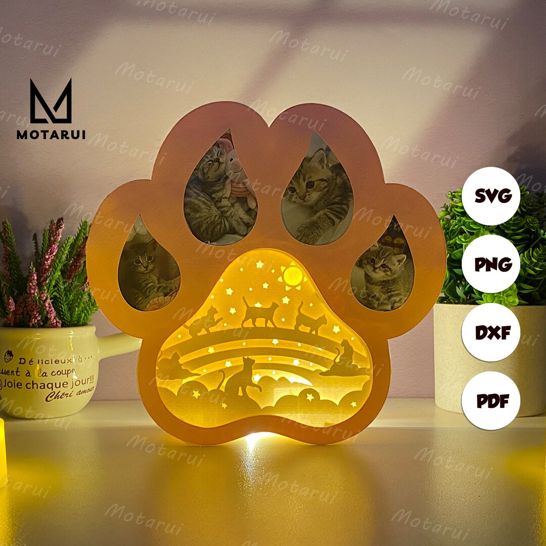 Cat Memorial Paw Box Lamp for Home Decor, Cat Memorial Paw Boxsvg for ...