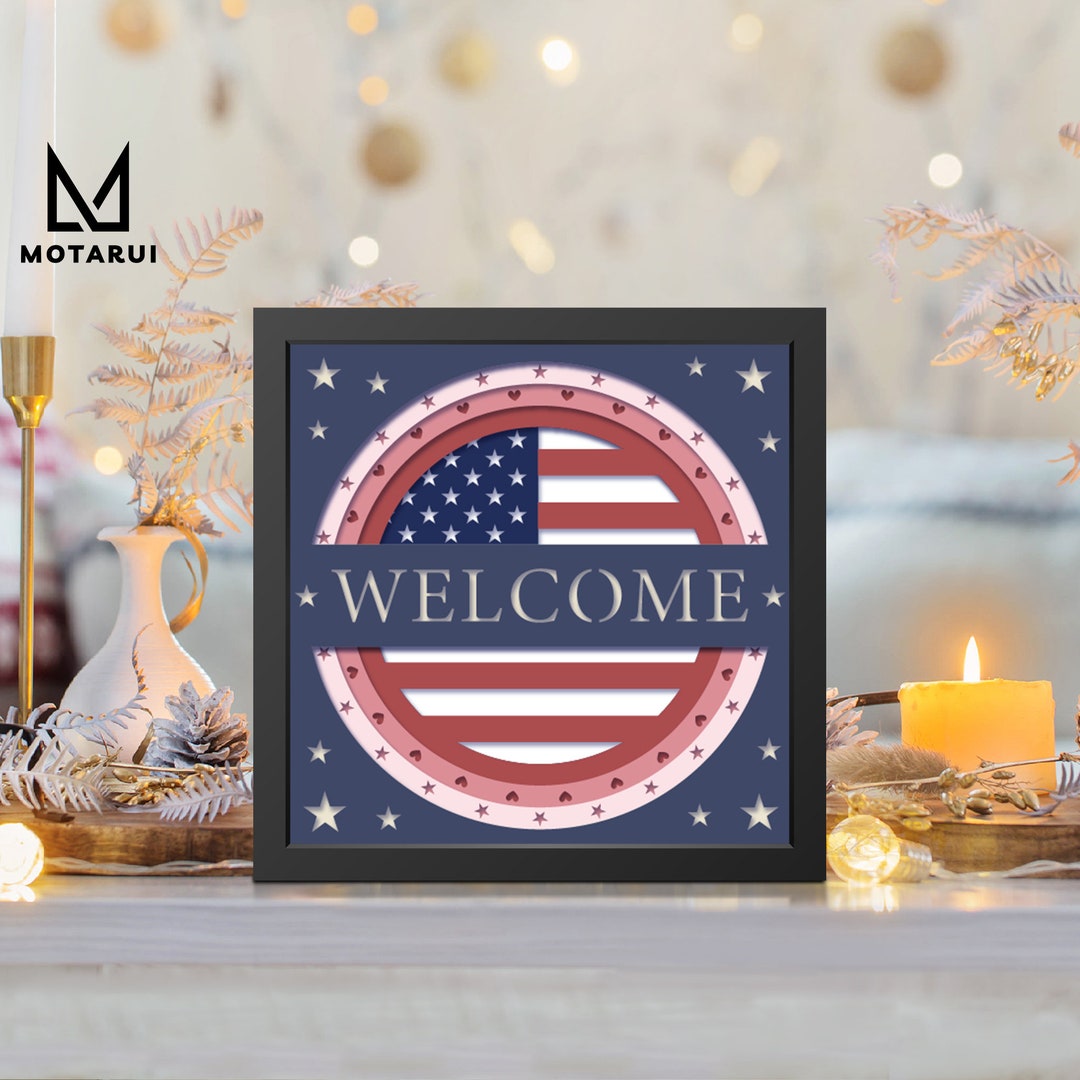 America Welcome Shadow Box Svg, America Welcome Paper Cut Light Box ...