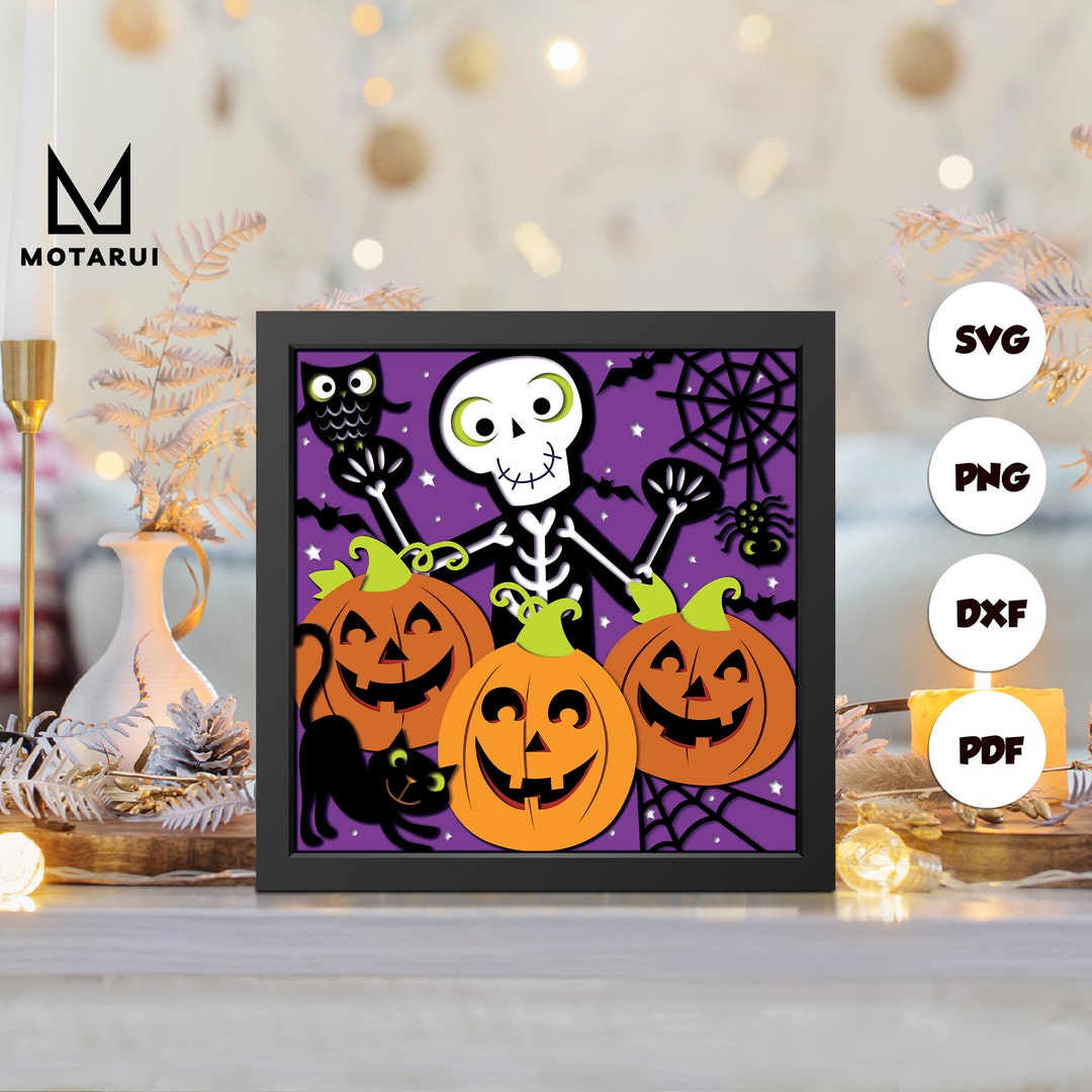 Pumpkin Skeleton Shadow Box Svg, Halloween Paper Cut Light Box, Cricut ...