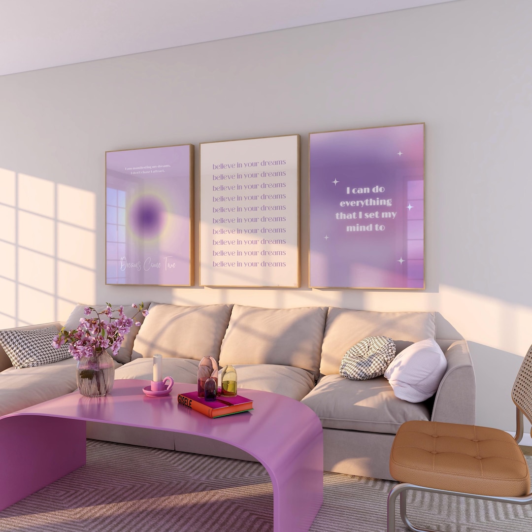 Purple Aura Poster Set of 3 Affirmation Wall Art, Trendy Gradient ...