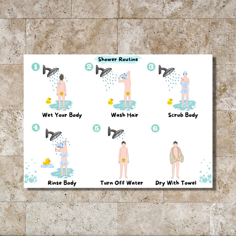 Shower Routine Chart- Learning- Visual Aid- Boy- Illustration- for Kids ...
