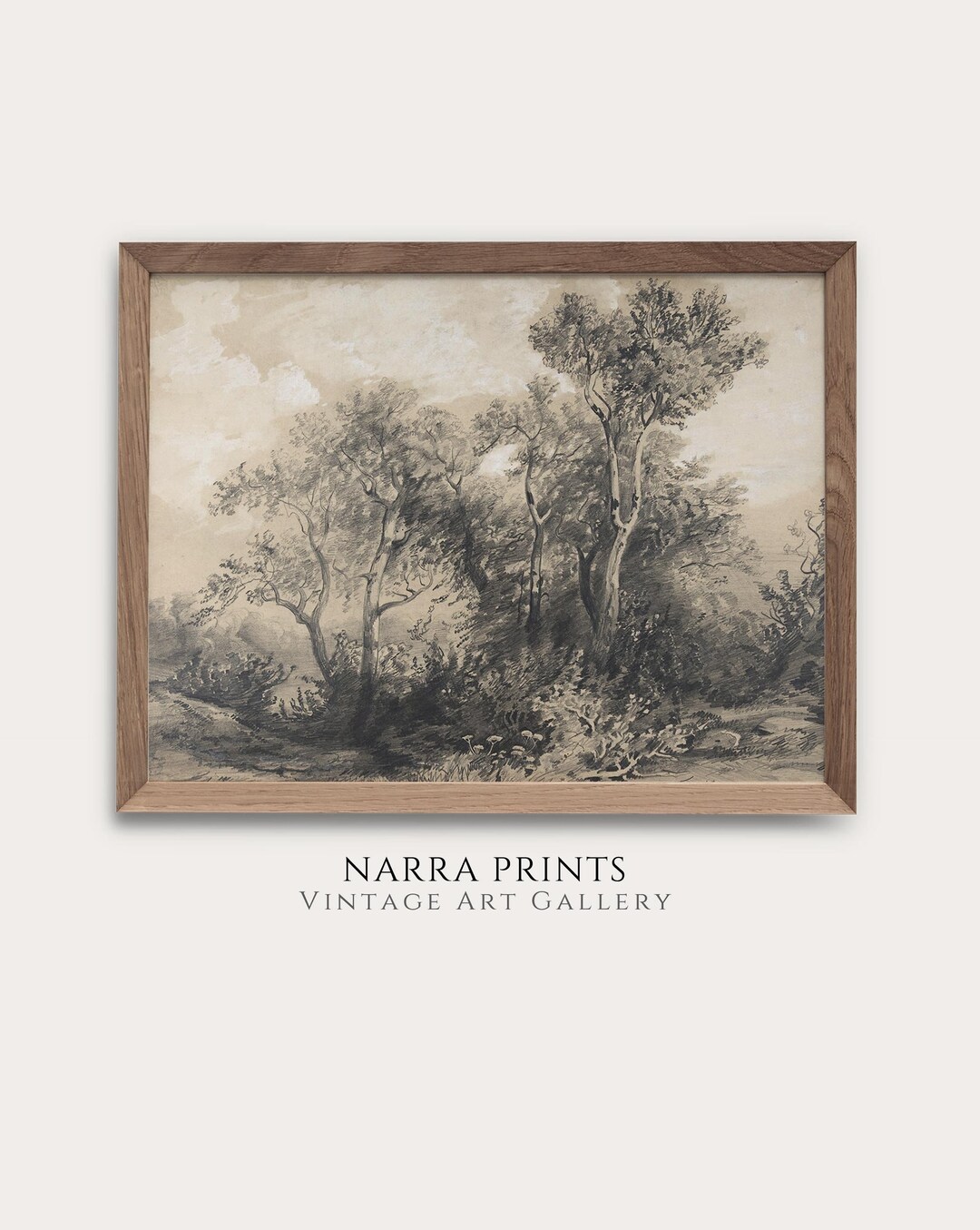 Antique Moody Graphite Landscape Painting, Dark Brown Artwork, Forest ...