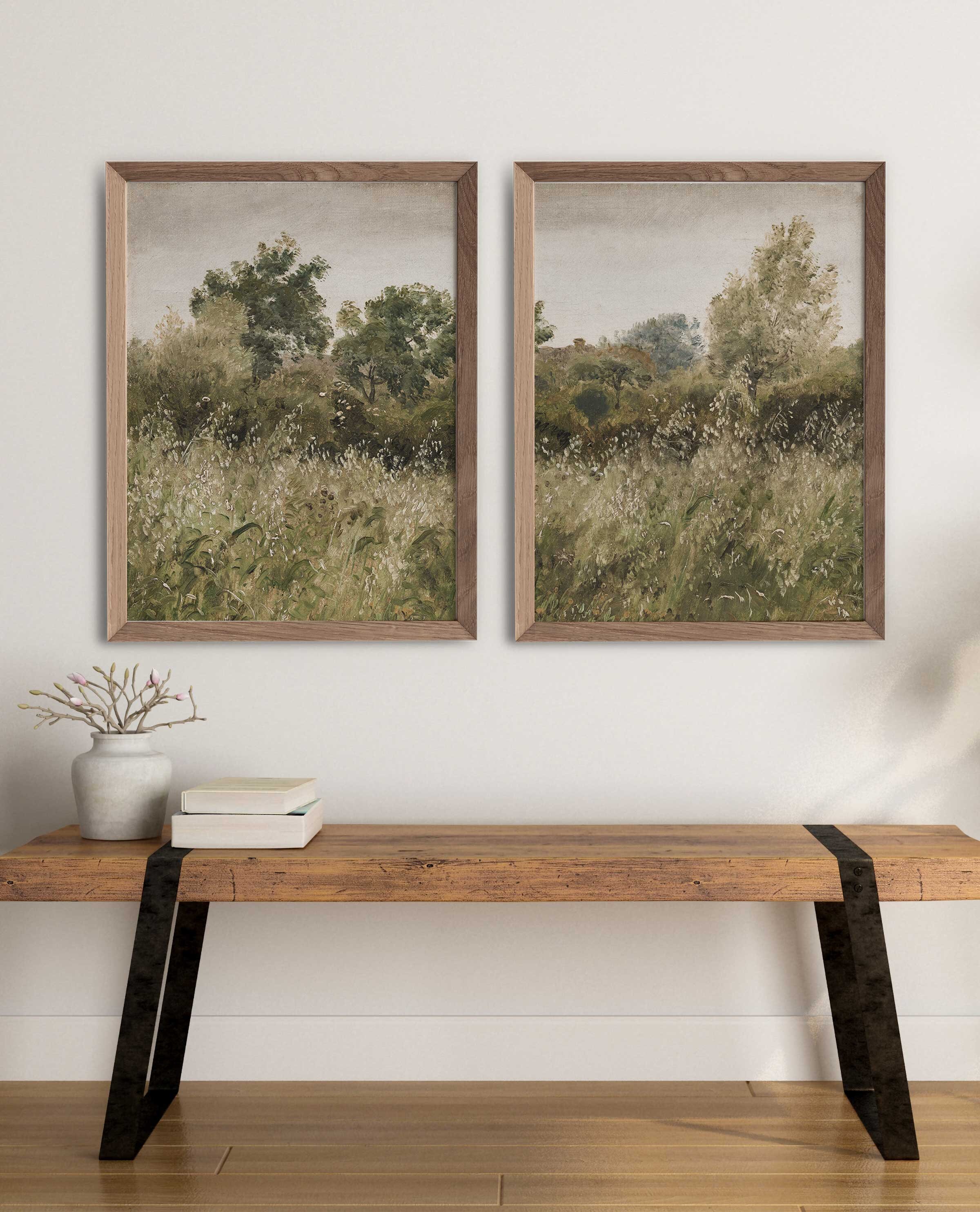 SET of Two Wall Art Set, Vintage Landscape Oil Painting, Muted Green ...