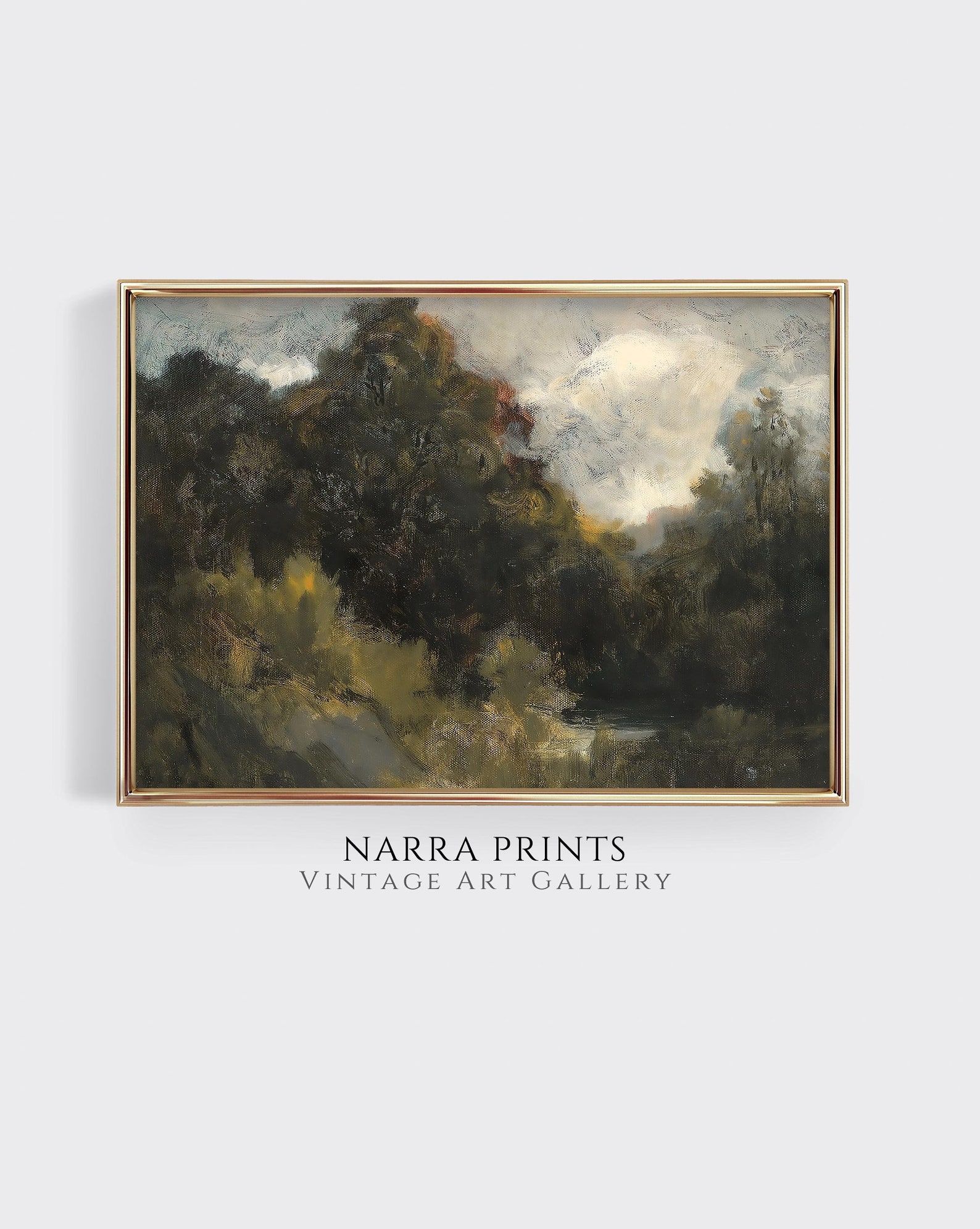 Moody Vintage Landscape Oil Painting, Dark Green Scenery Art, Rustic ...