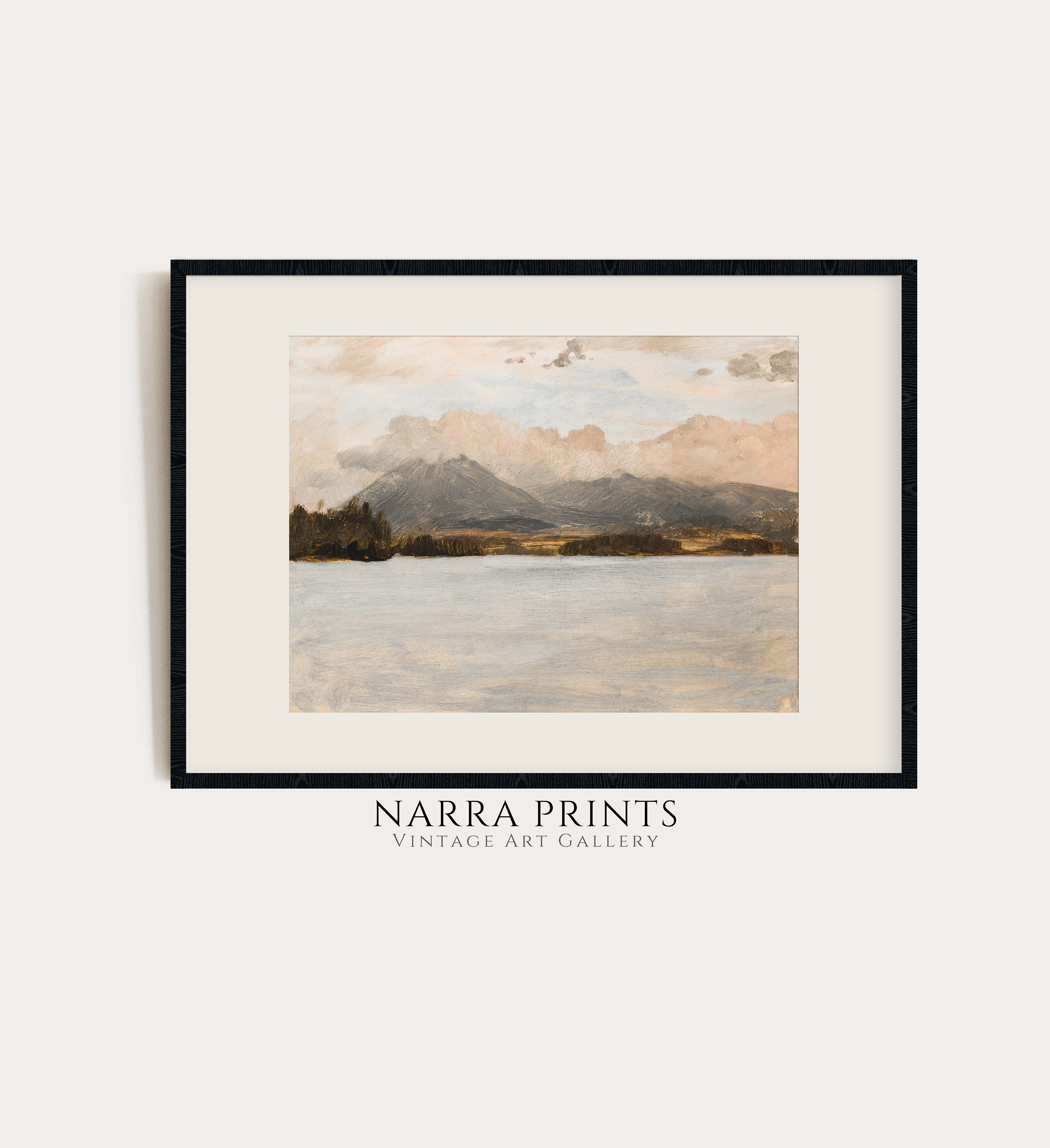 Vintage Lake Painting, Rustic Mountain Wall Art, Neutral Landscape ...