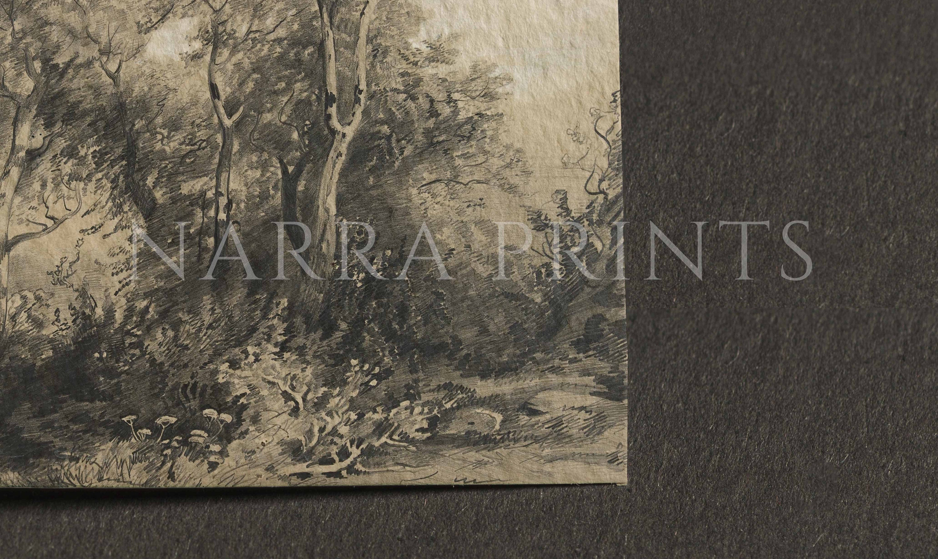 Antique Moody Graphite Landscape Painting, Dark Brown Artwork, Forest ...