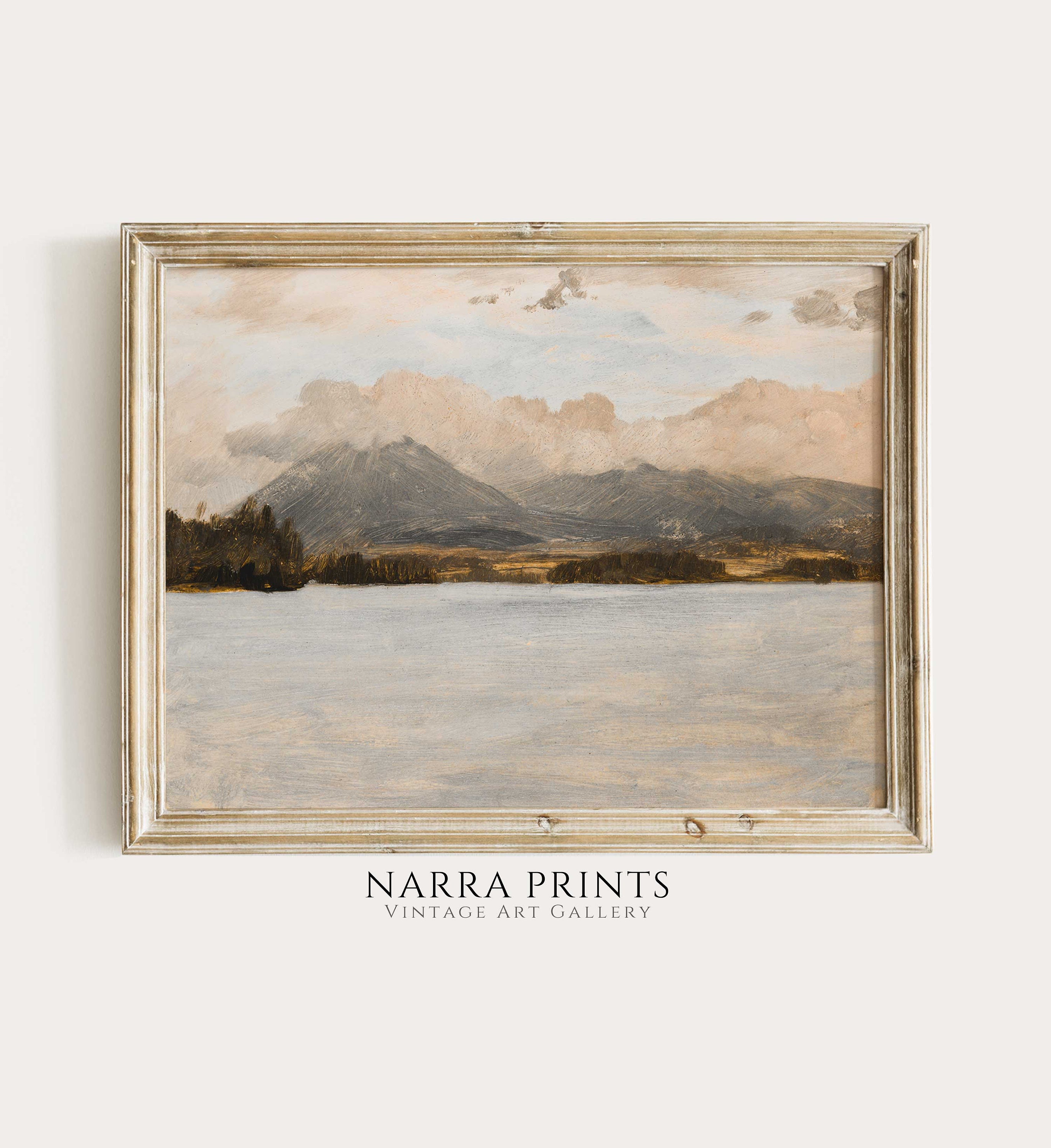 Vintage Lake Painting, Rustic Mountain Wall Art, Neutral Landscape ...
