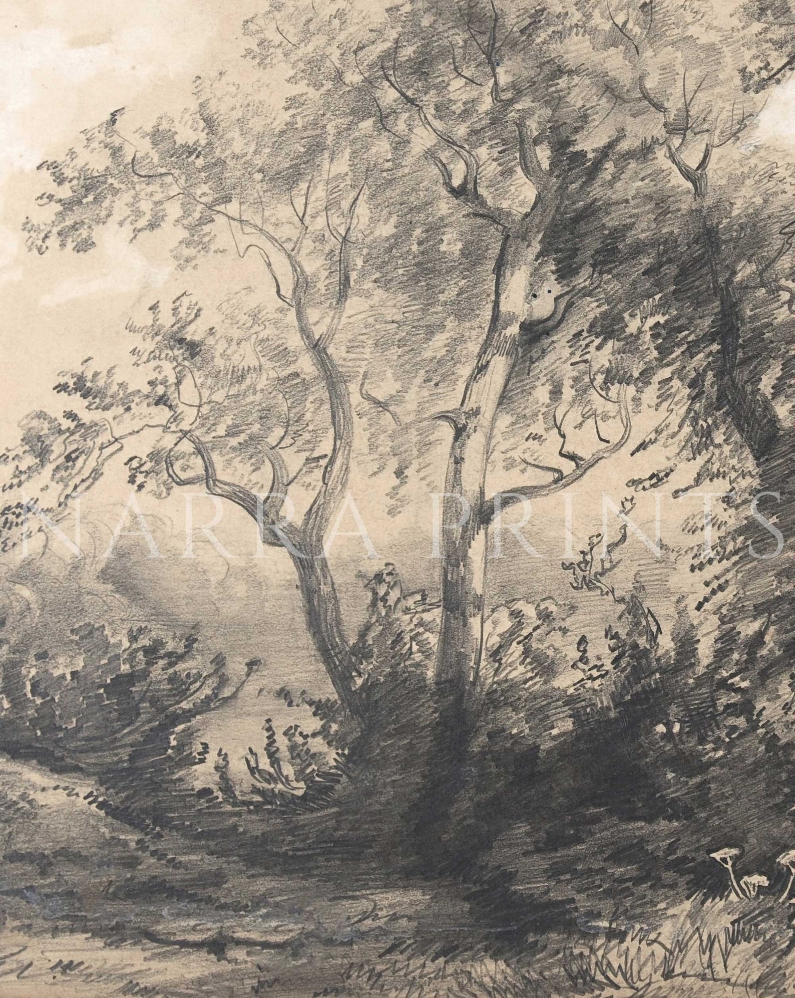 Antique Moody Graphite Landscape Painting, Dark Brown Artwork, Forest ...