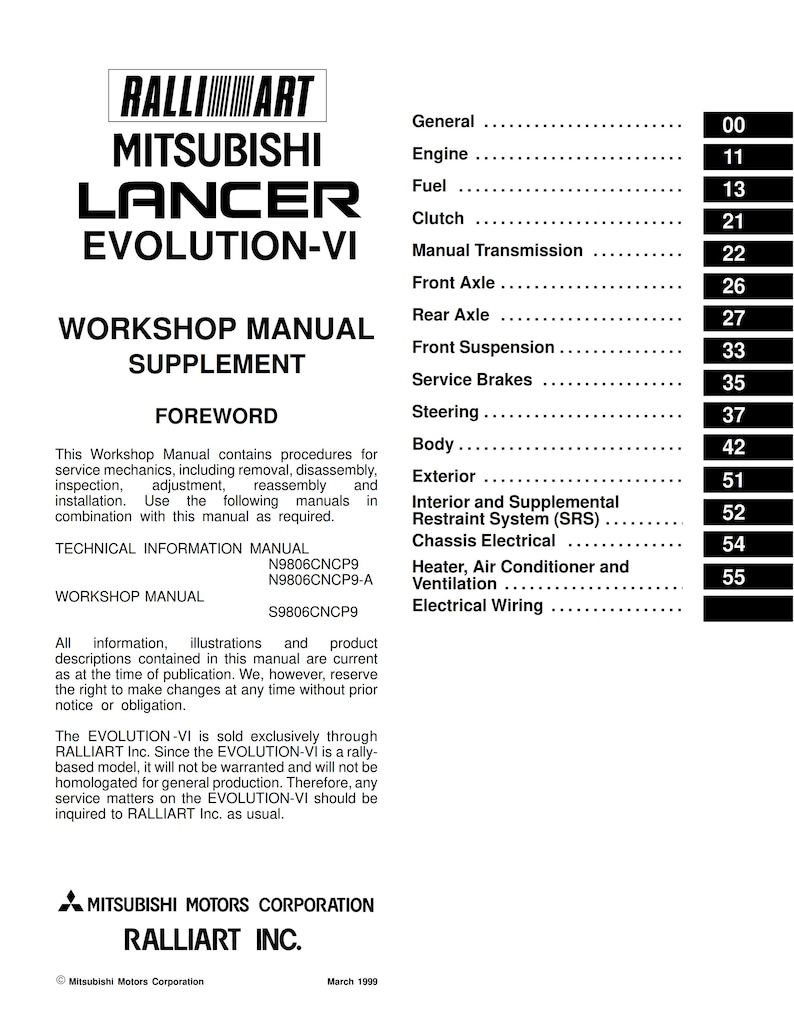 Mitsubishi Lancer Evolution Evo VI 6 - Supplement Workshop Service ...