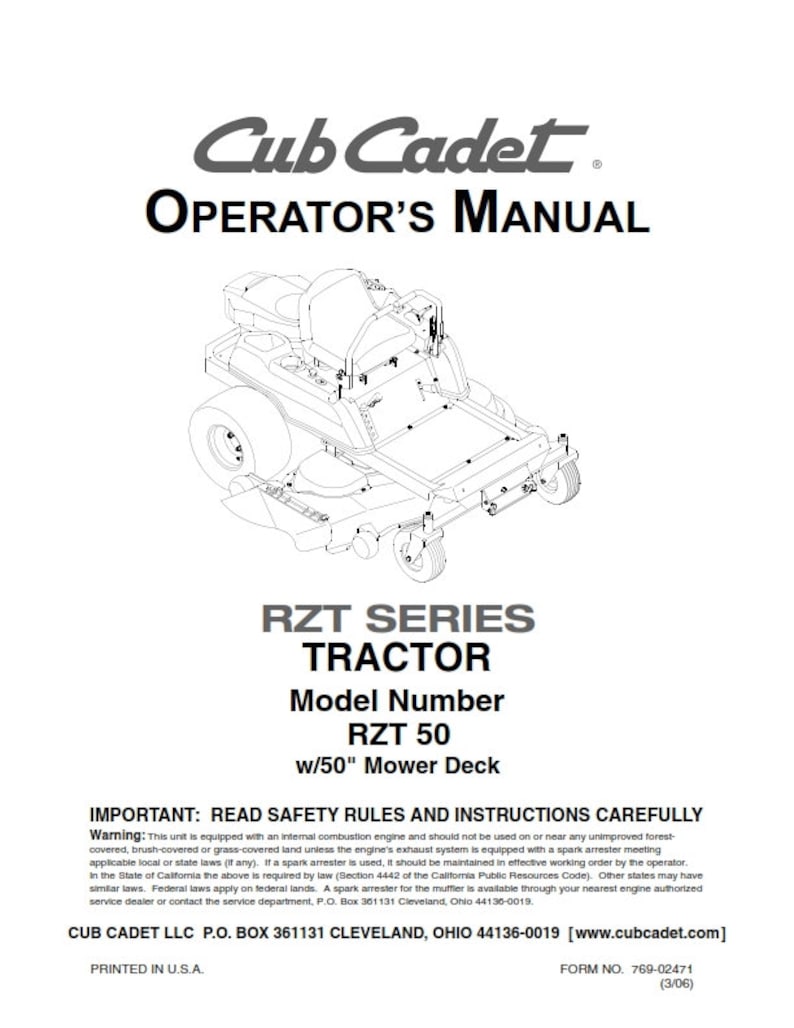 Cub Cadet - Operator Manual - RZT Series - RZT 50 - W/50" Mower Deck - Etsy