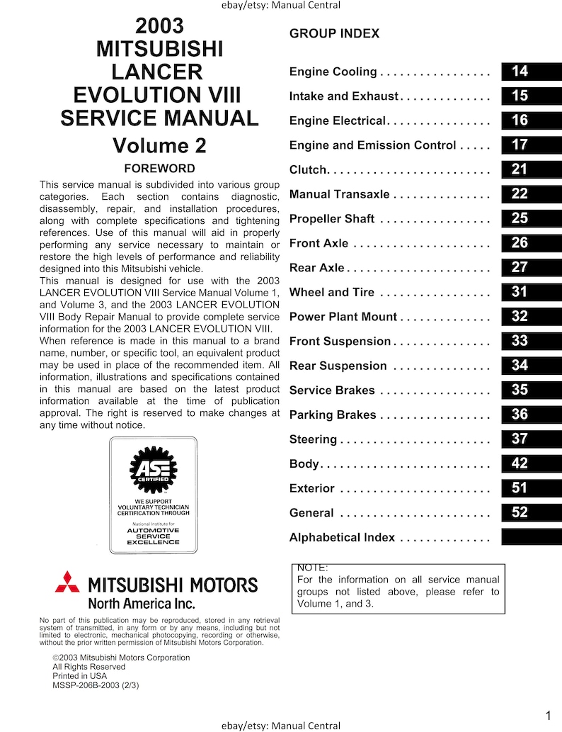 Mitsubishi Lancer Evolution Evo VIII 8 - Complete Workshop Service ...