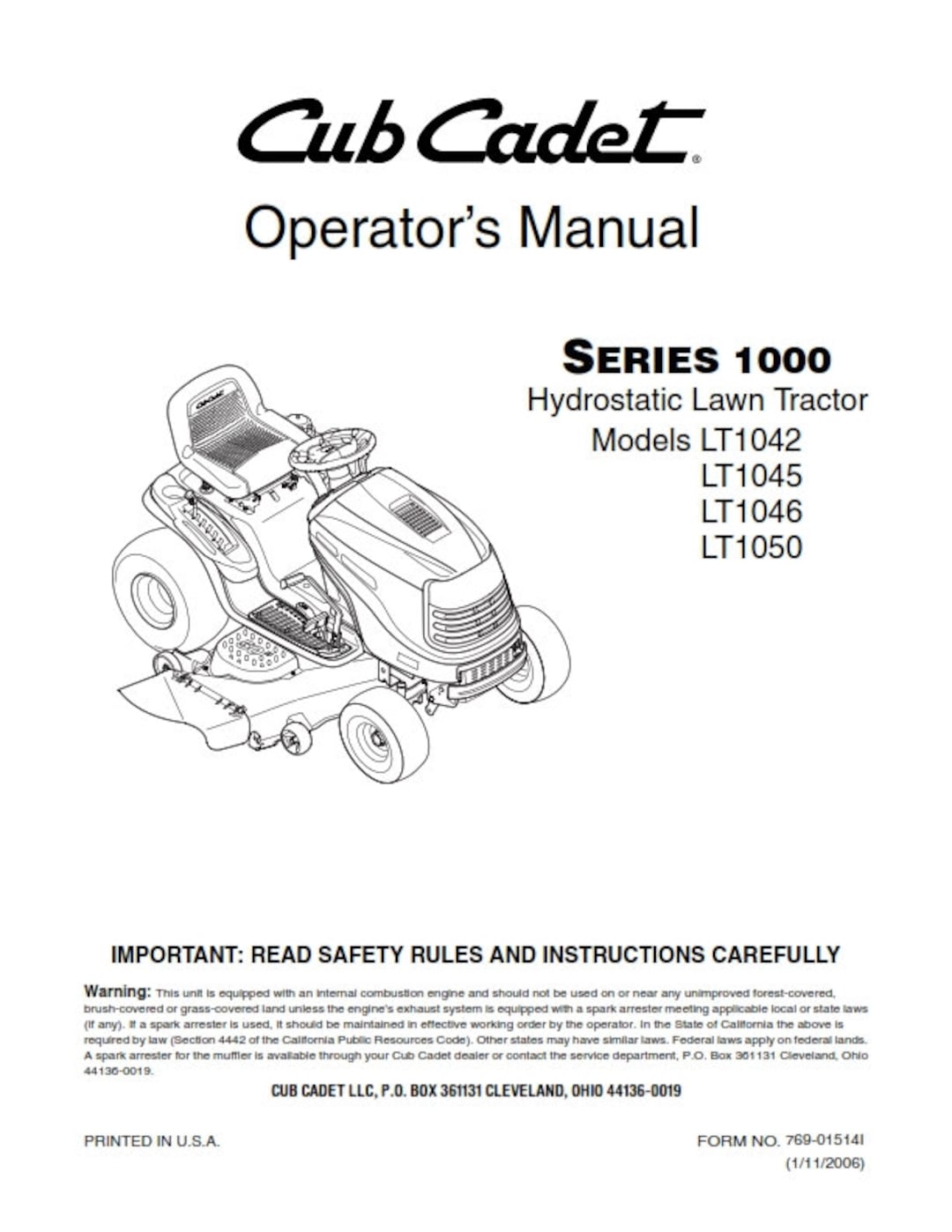 Cub Cadet - Operator Manual - Series 1000 - Hydrostatic Lawn Tractor ...