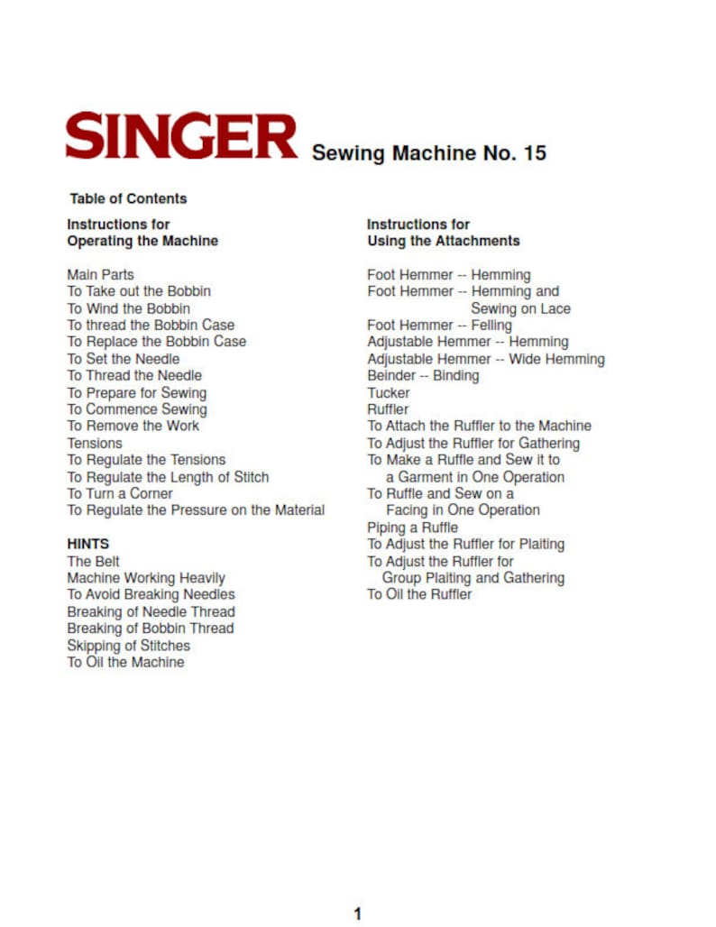 Singer Sewing Machine No 15 - Instruction User Manual - Etsy