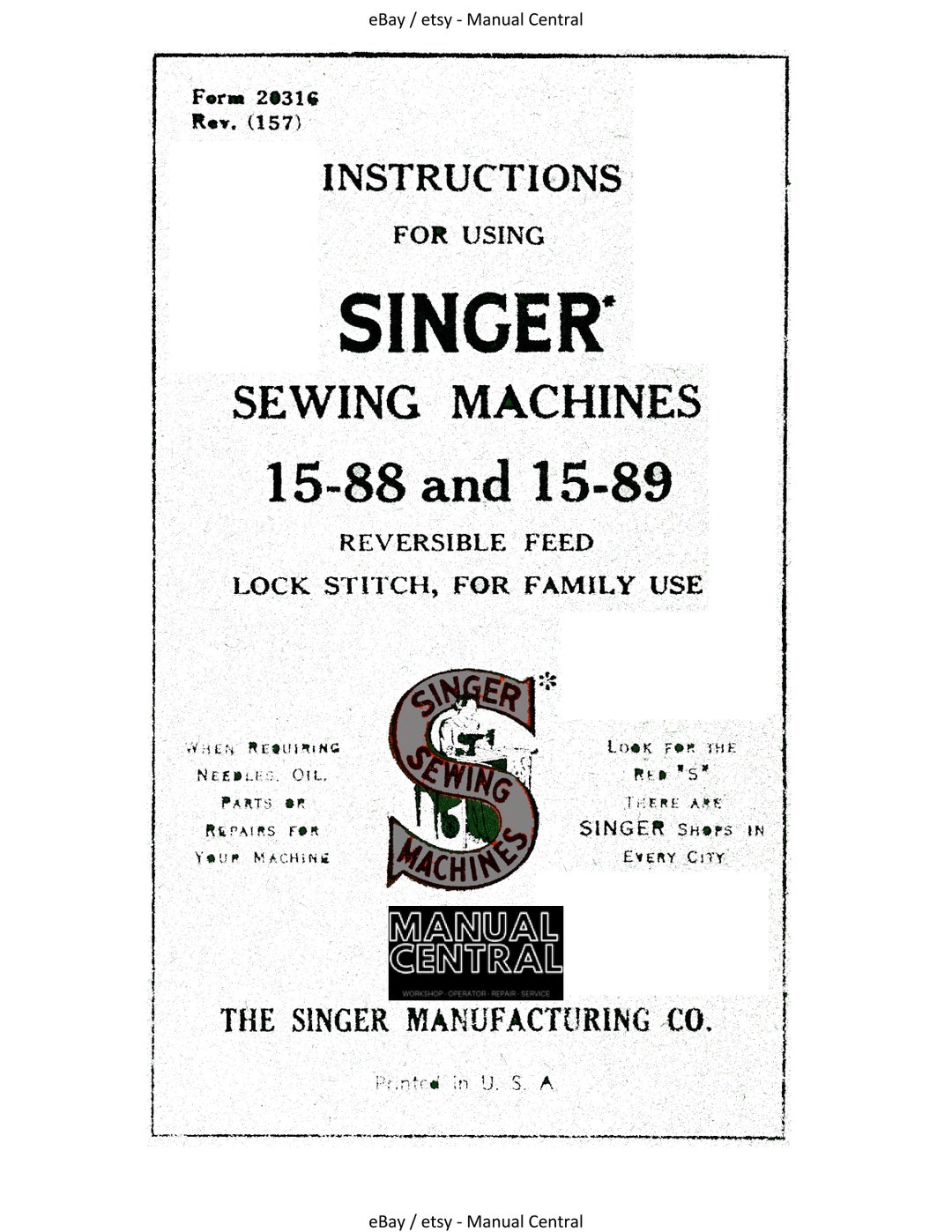 Singer - 15 - 15-88 15-89 Sewing Machine - Instruction User Manual - Etsy