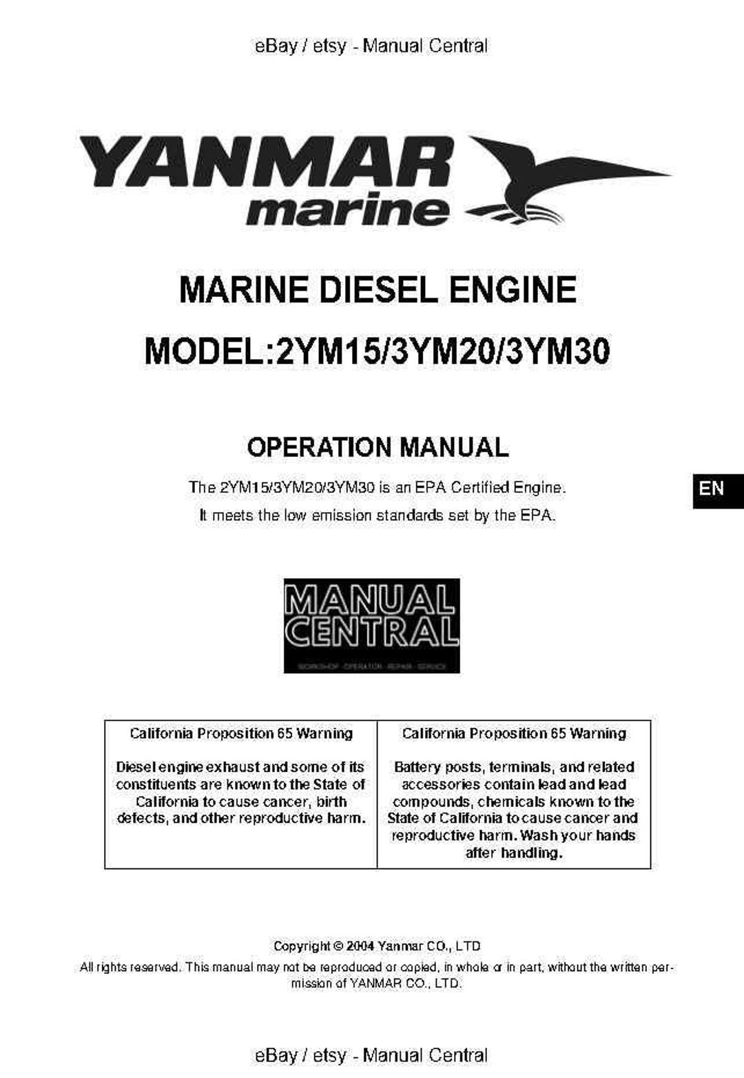 Yanmar Marine Diesel Engine - Operation Manual - 2YM15 3YM20 3YM30 - Etsy