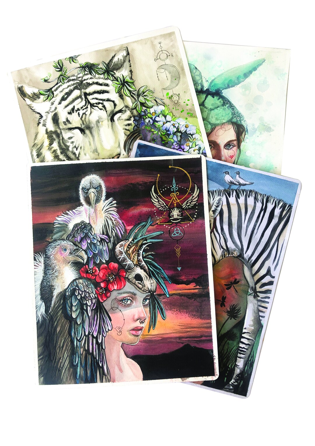 A4 PRINT of a Drawing of the Animal Oracle . white Tiger Turtle Vulture ...