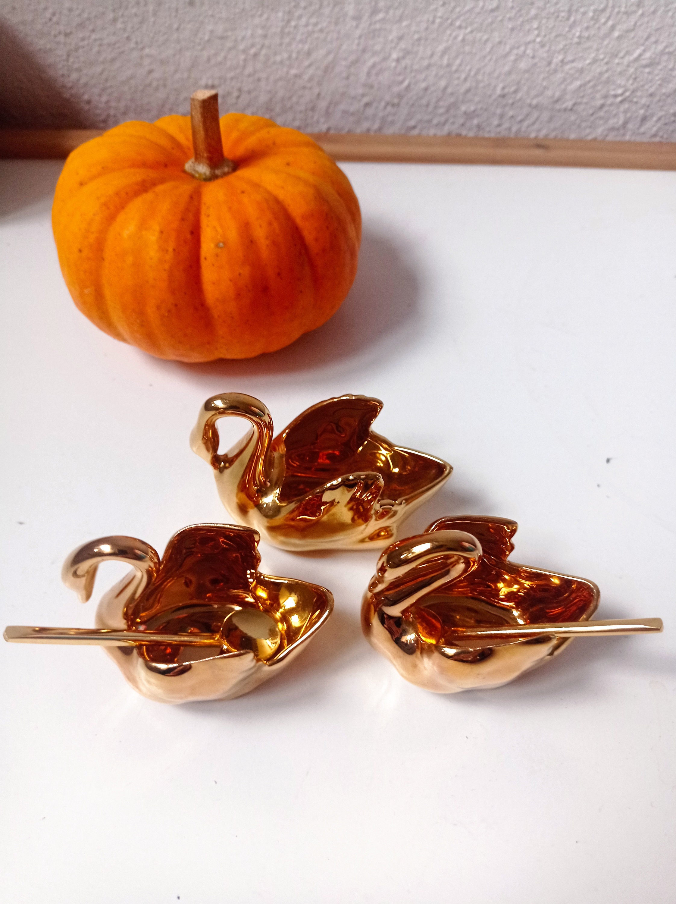 Vintage Swans Salt Cellars Spoon Gold Toned Porcelain-made in France ...
