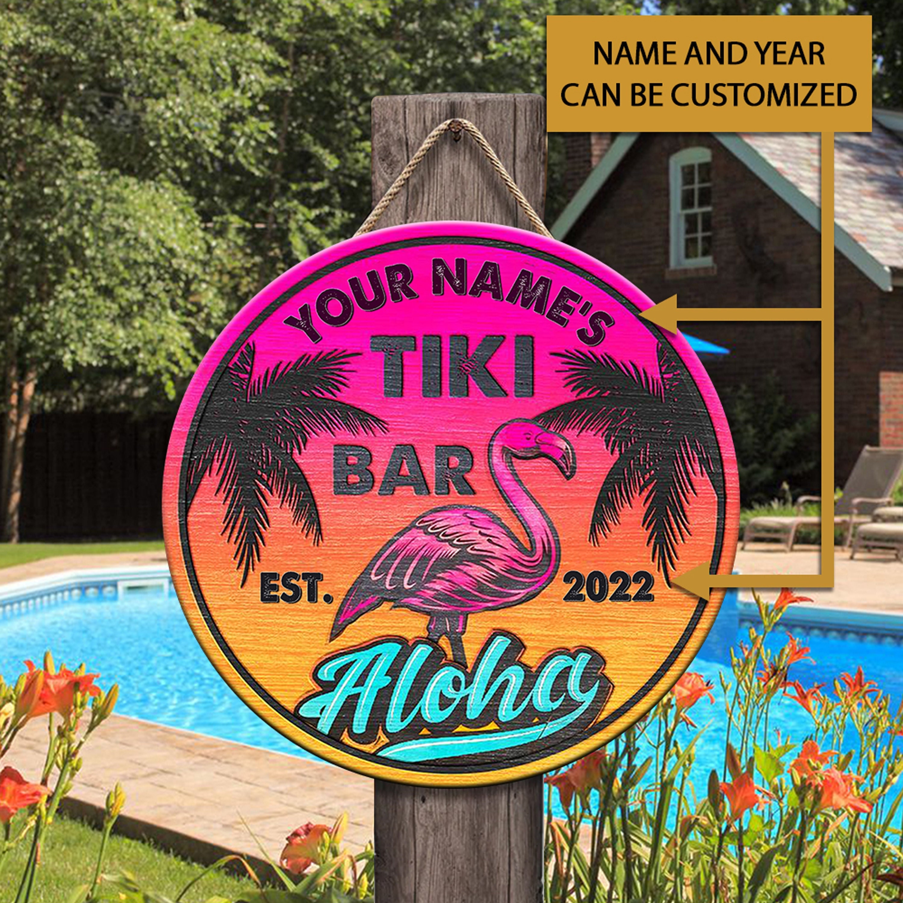 Custom Tiki Bar Circle Sign, Tiki Idol Sign, Flamingo Tiki Bar Summer ...