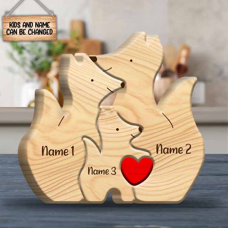 Wooden Fox Family Puzzle, Engraved Family Name Puzzle, Fox Family ...