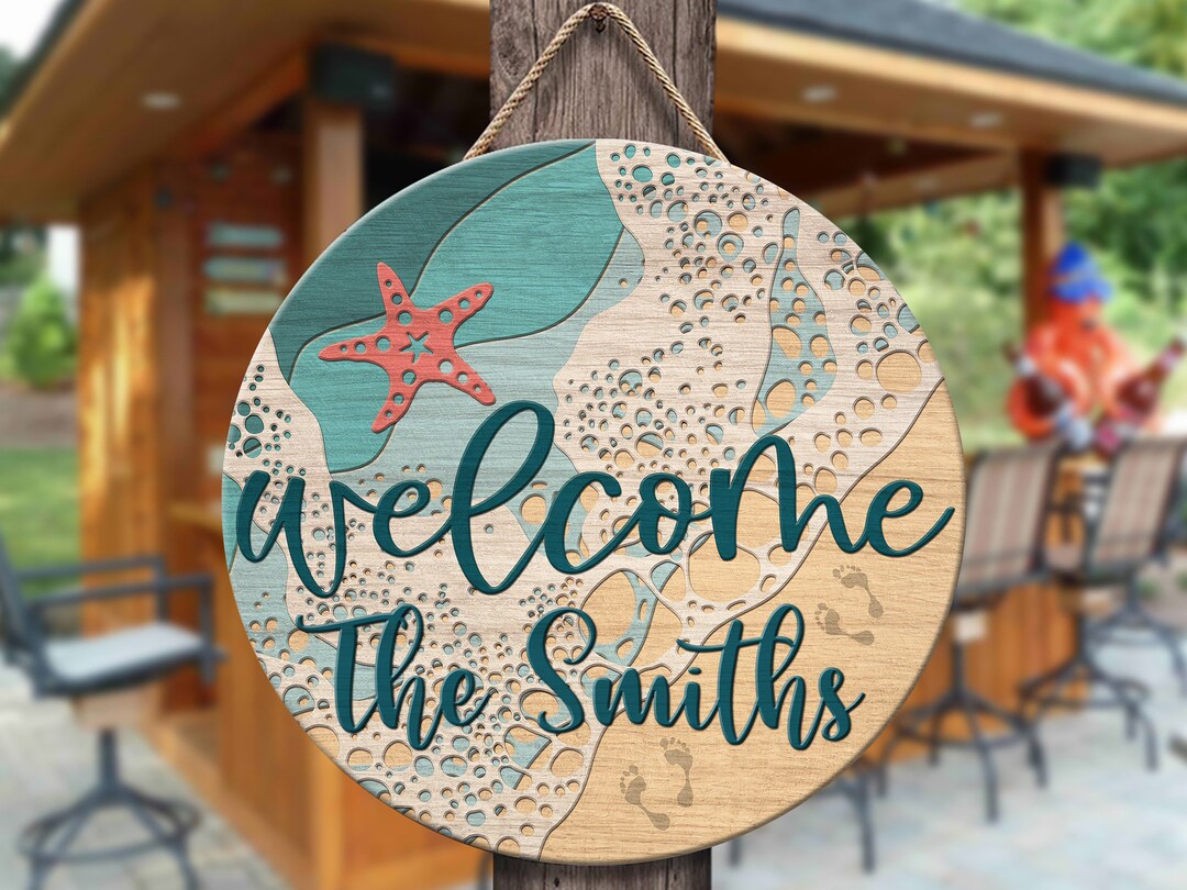 Personalized Summer Beach Round Wooden Sign, Coastal Welcome Sign ...