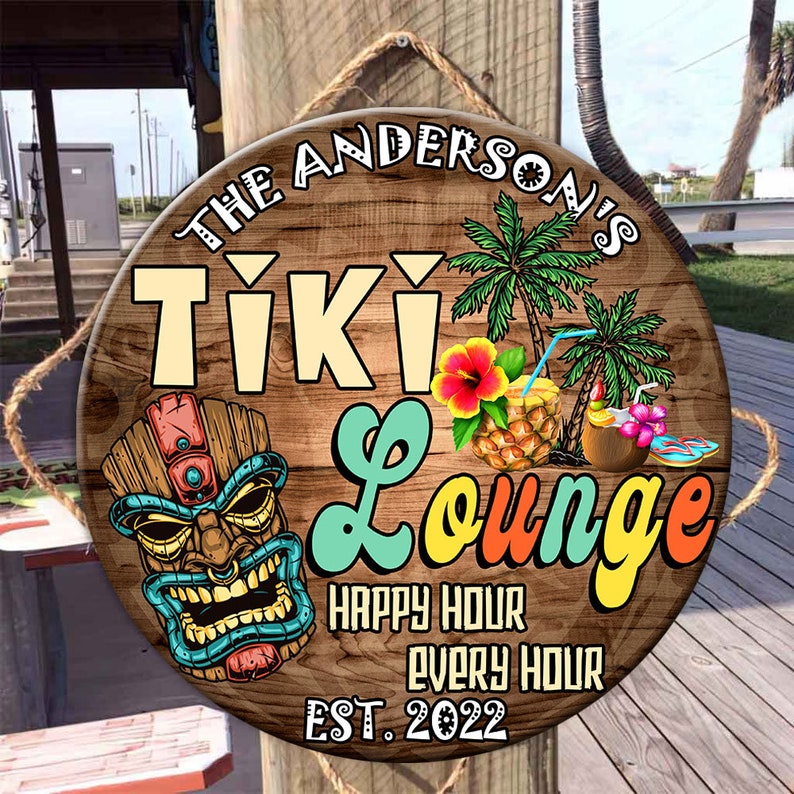 Personalized Tiki Lounge Hawaiian Signs Happy Hour Every Hour Outdoor ...
