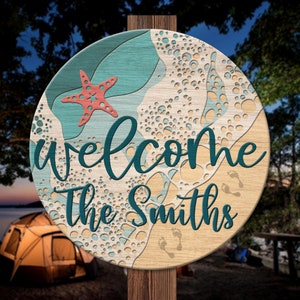 Personalized Summer Beach Round Wooden Sign, Coastal Welcome Sign ...