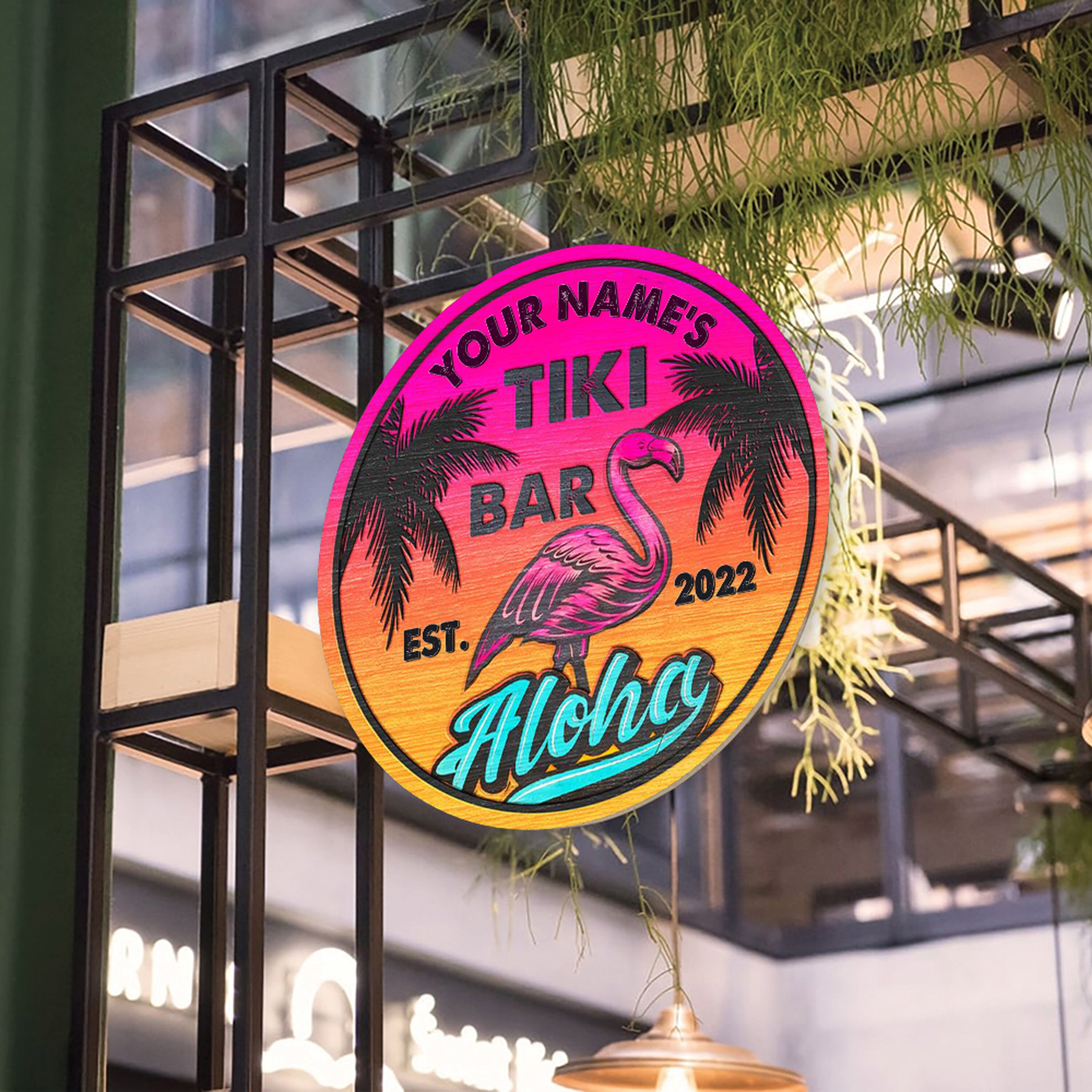 Custom Tiki Bar Circle Sign, Tiki Idol Sign, Flamingo Tiki Bar Summer ...