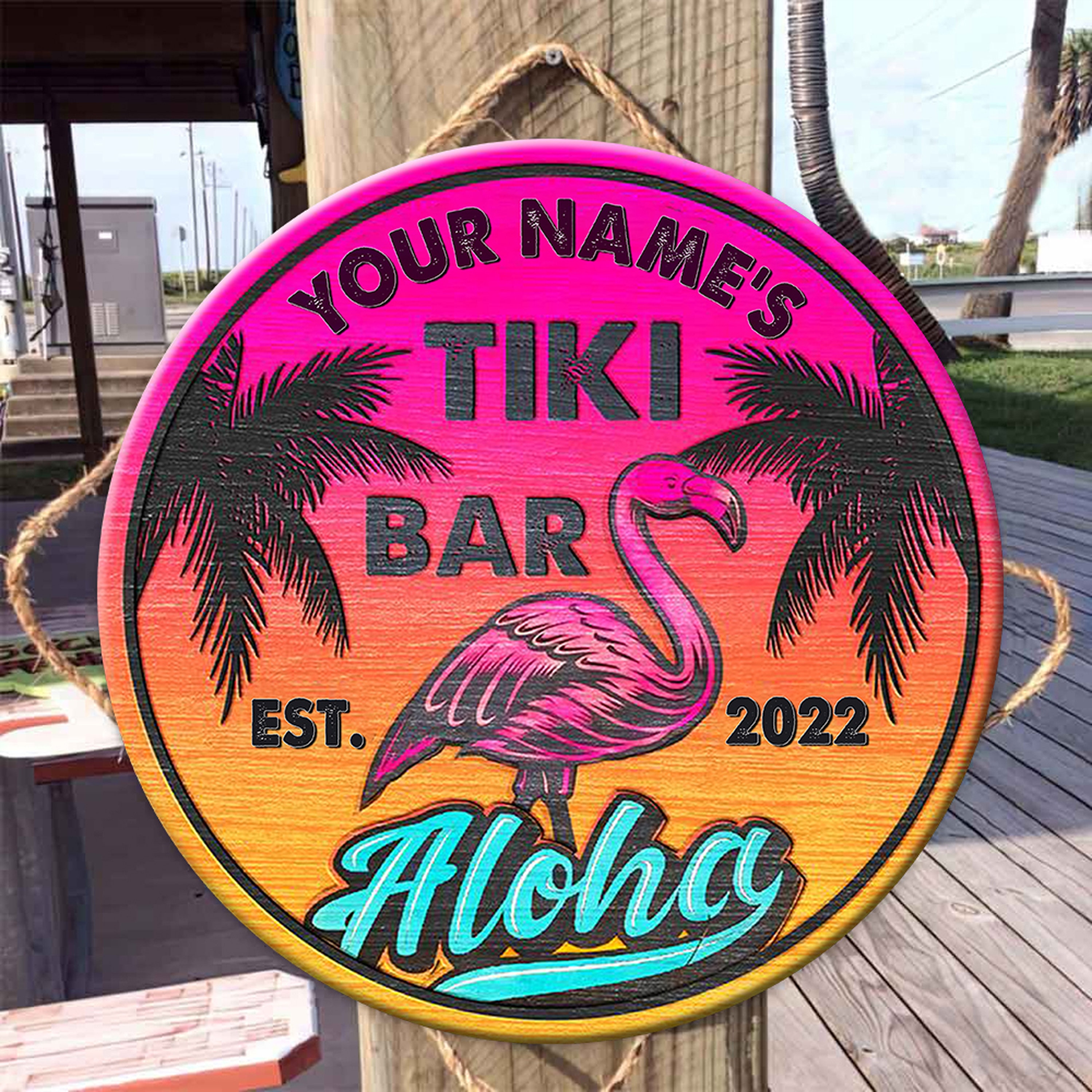 Custom Tiki Bar Circle Sign, Tiki Idol Sign, Flamingo Tiki Bar Summer Themed Sign, Backyard ...