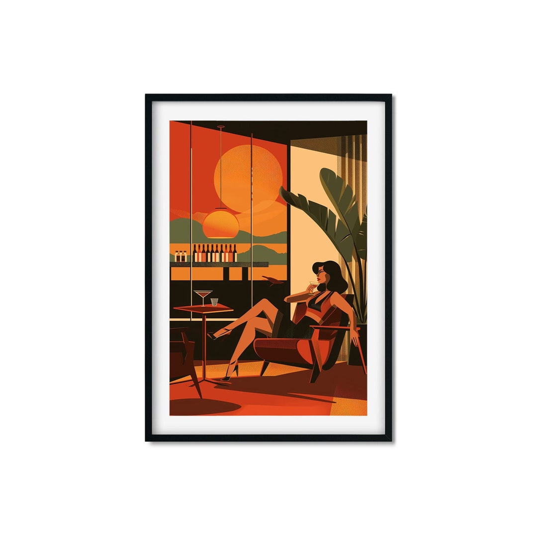 Mid-century Modern Poster, Retro Woman in Cocktail Lounge Print ...
