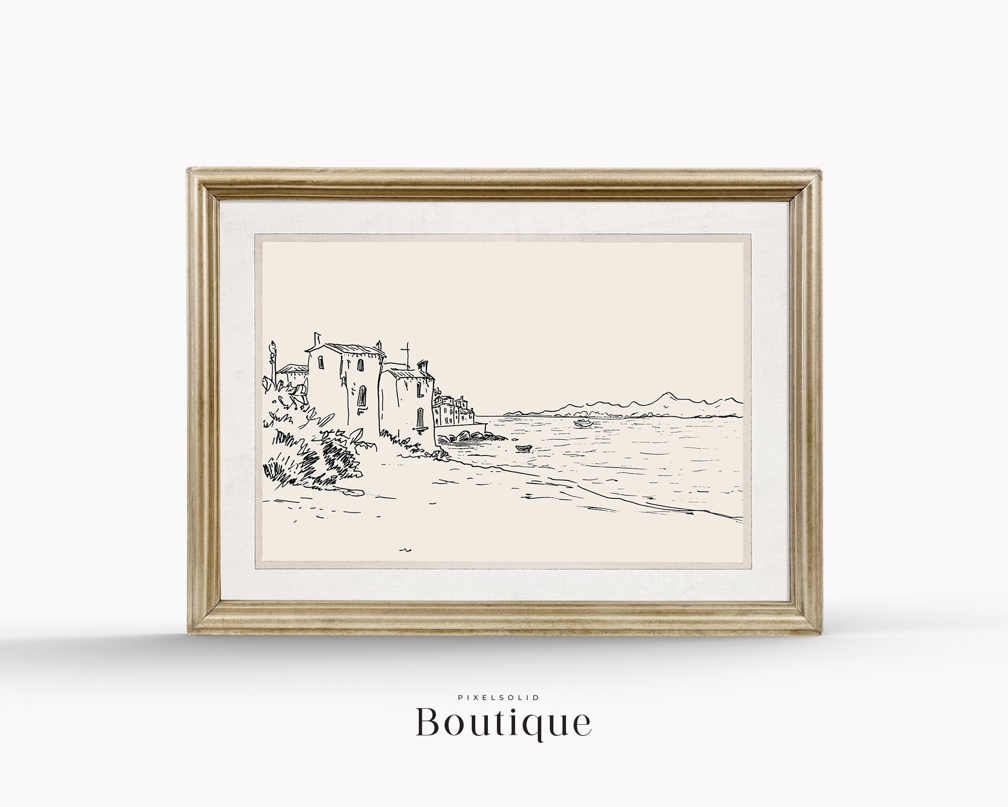 Coastal Italian Ink Drawing, Black and White Seaside Art, Mediterranean ...
