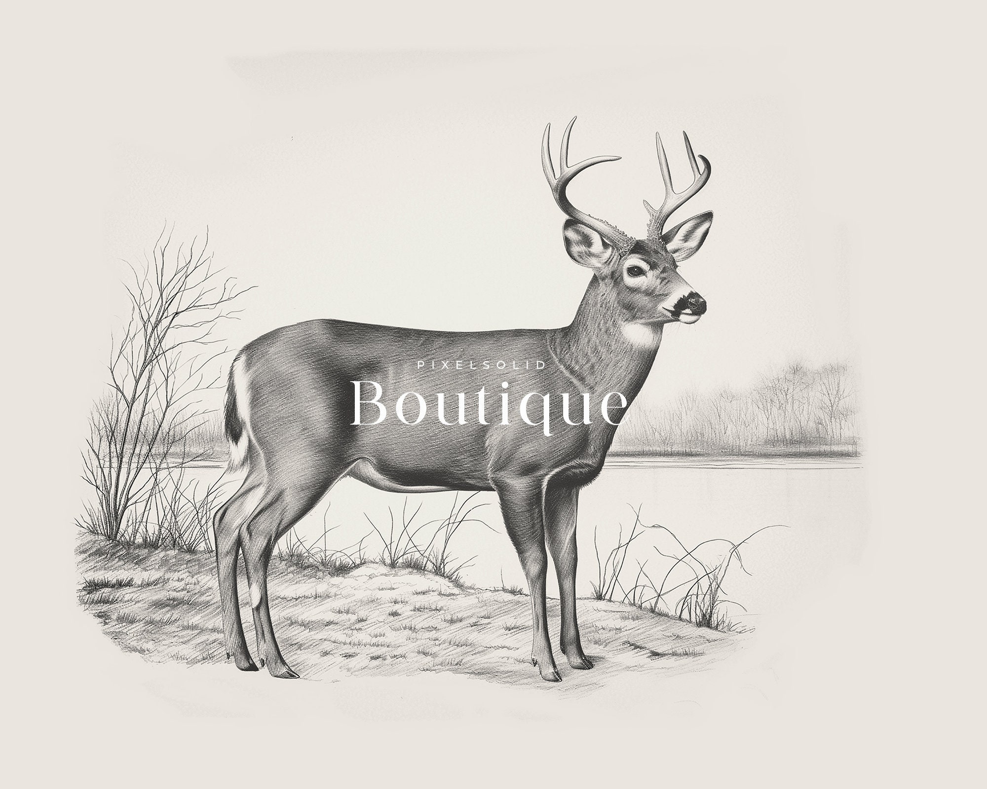 White Tailed Deer Sketch, Neutral Buck Illustration Print, Farmhouse ...