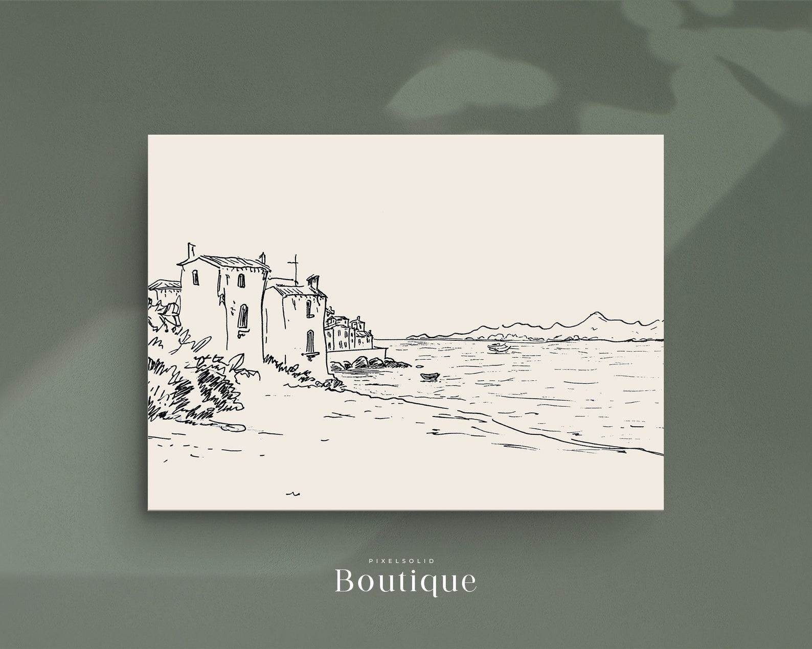Coastal Italian Ink Drawing, Black and White Seaside Art, Mediterranean ...