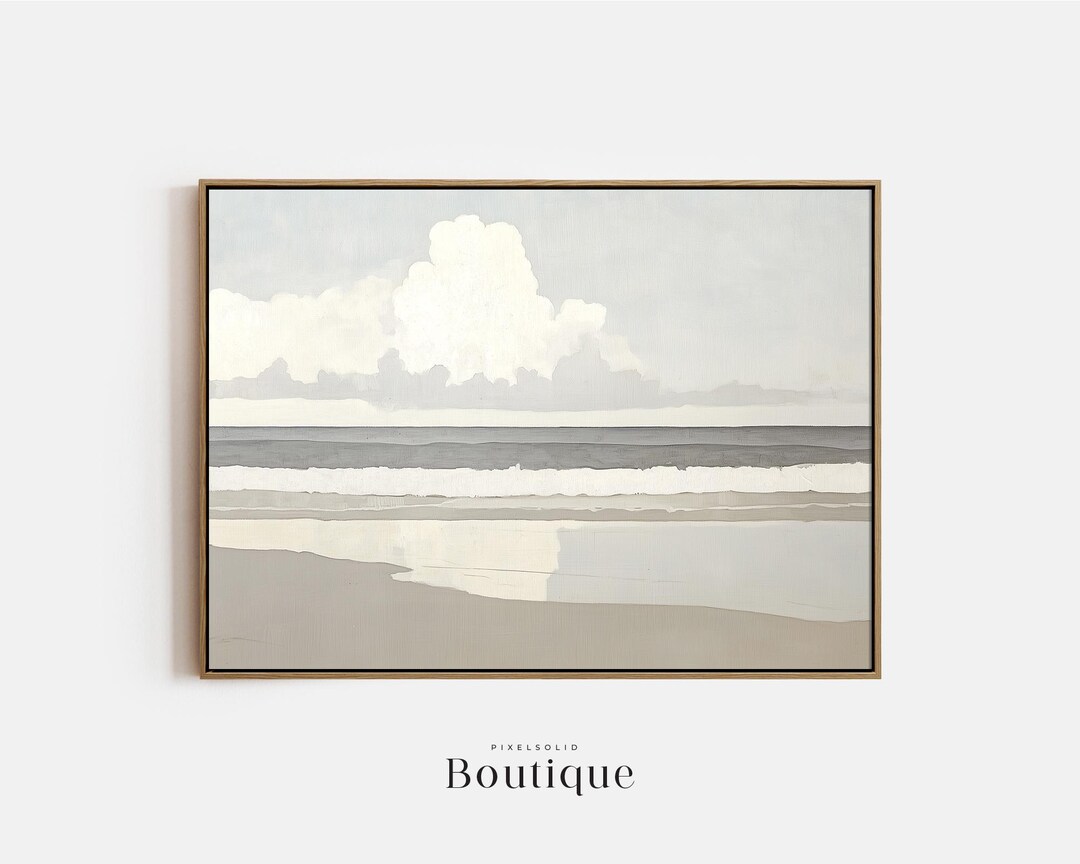 Muted Sea Scape Painting, Neutral Abstract Landscape, Calm Ocean Waves ...