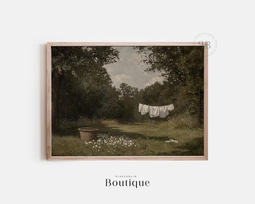 Farmhouse Laundry Line Art Print, Country Meadow Wall Decor, Rustic ...