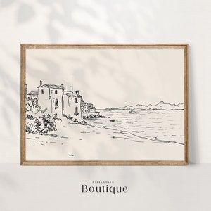 Coastal Italian Ink Drawing, Black and White Seaside Art, Mediterranean ...