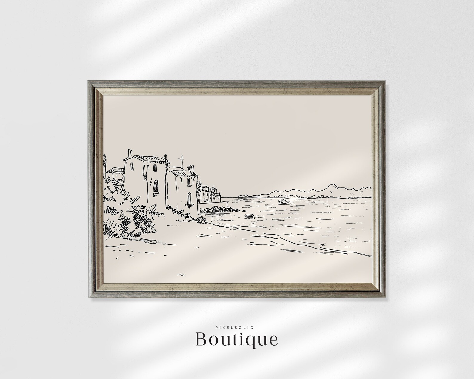 Coastal Italian Ink Drawing, Black and White Seaside Art, Mediterranean ...